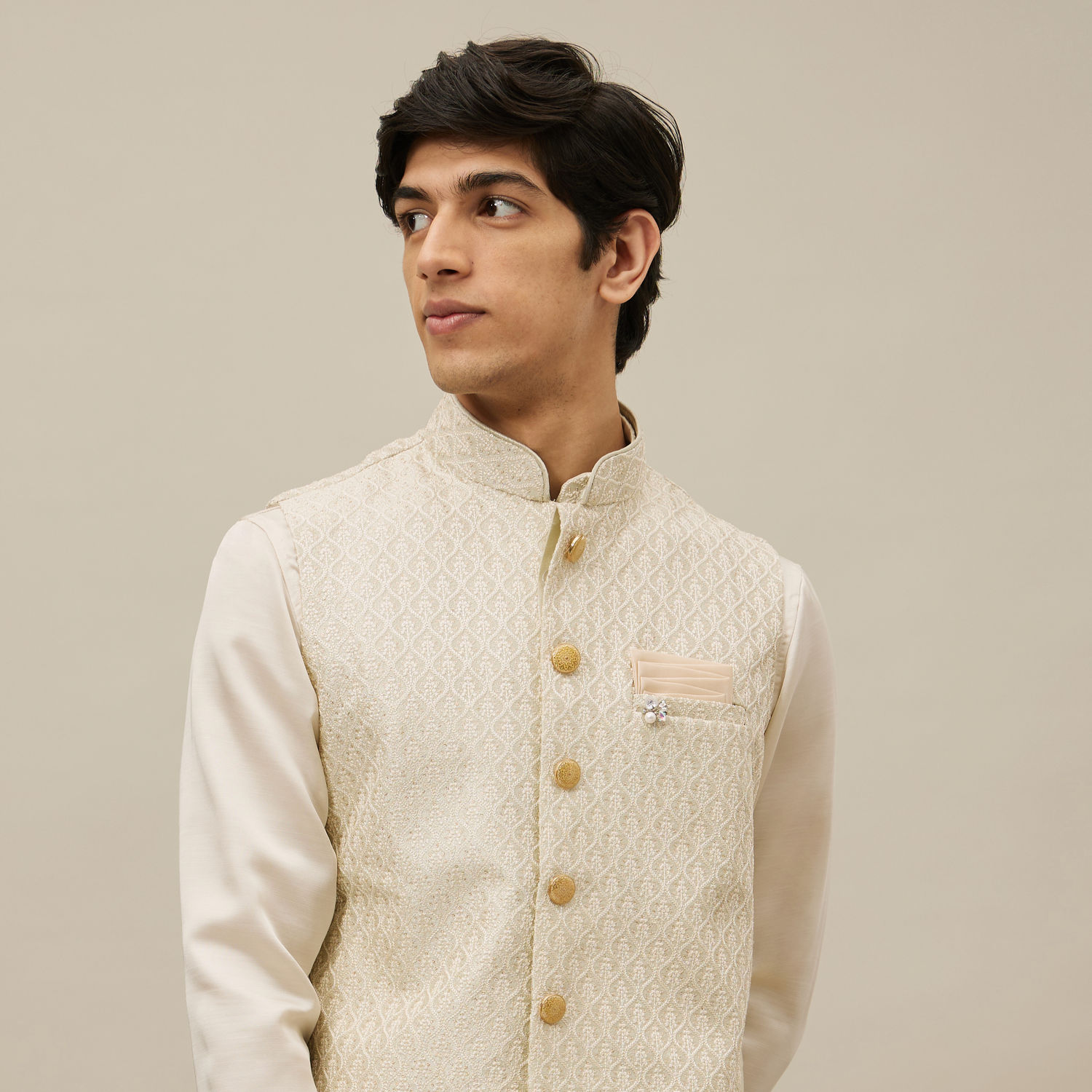 Buy Pearled Ivory White Ogee Patterned Jacket Set Online in India ...