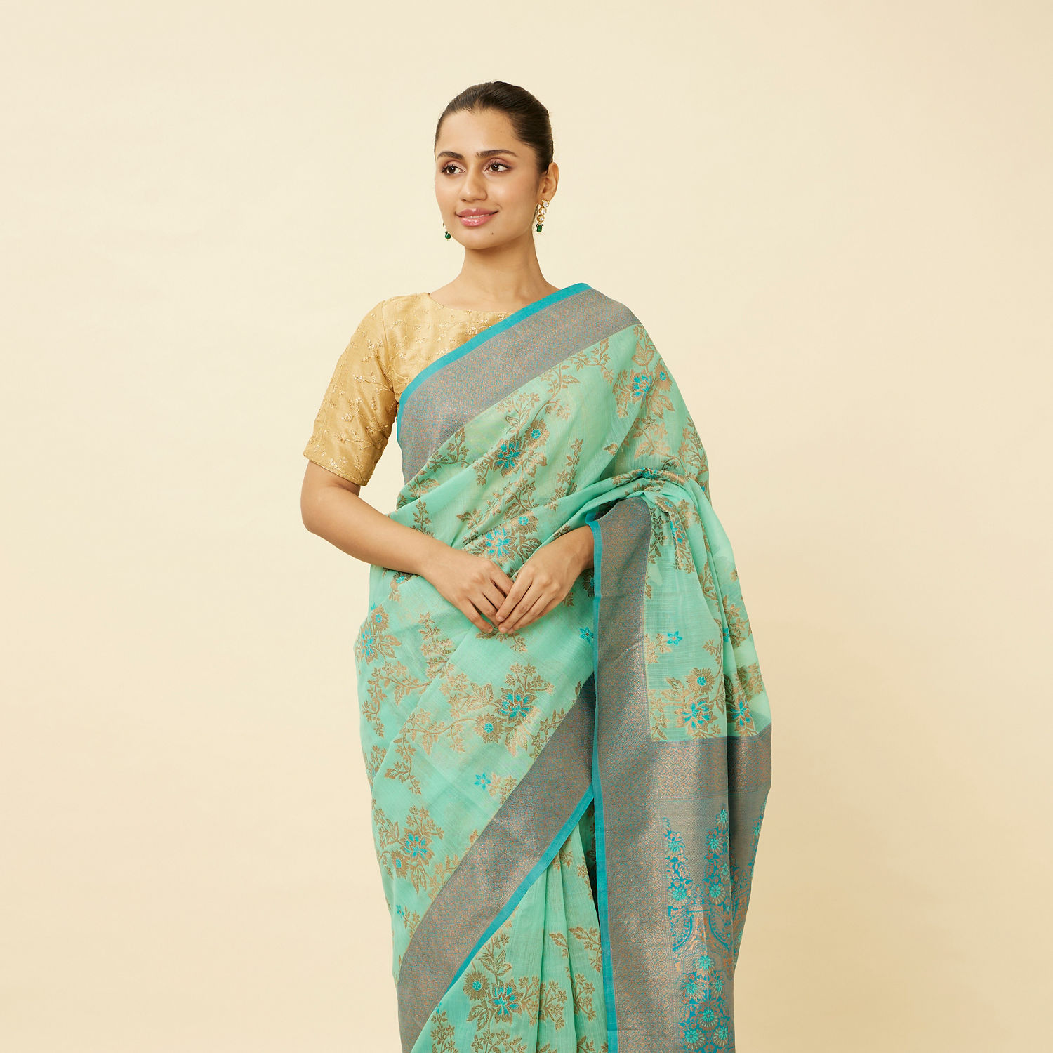 Buy Teal Blue Bel Buti Patterned Saree Online in the USA @Mohey - Saree ...