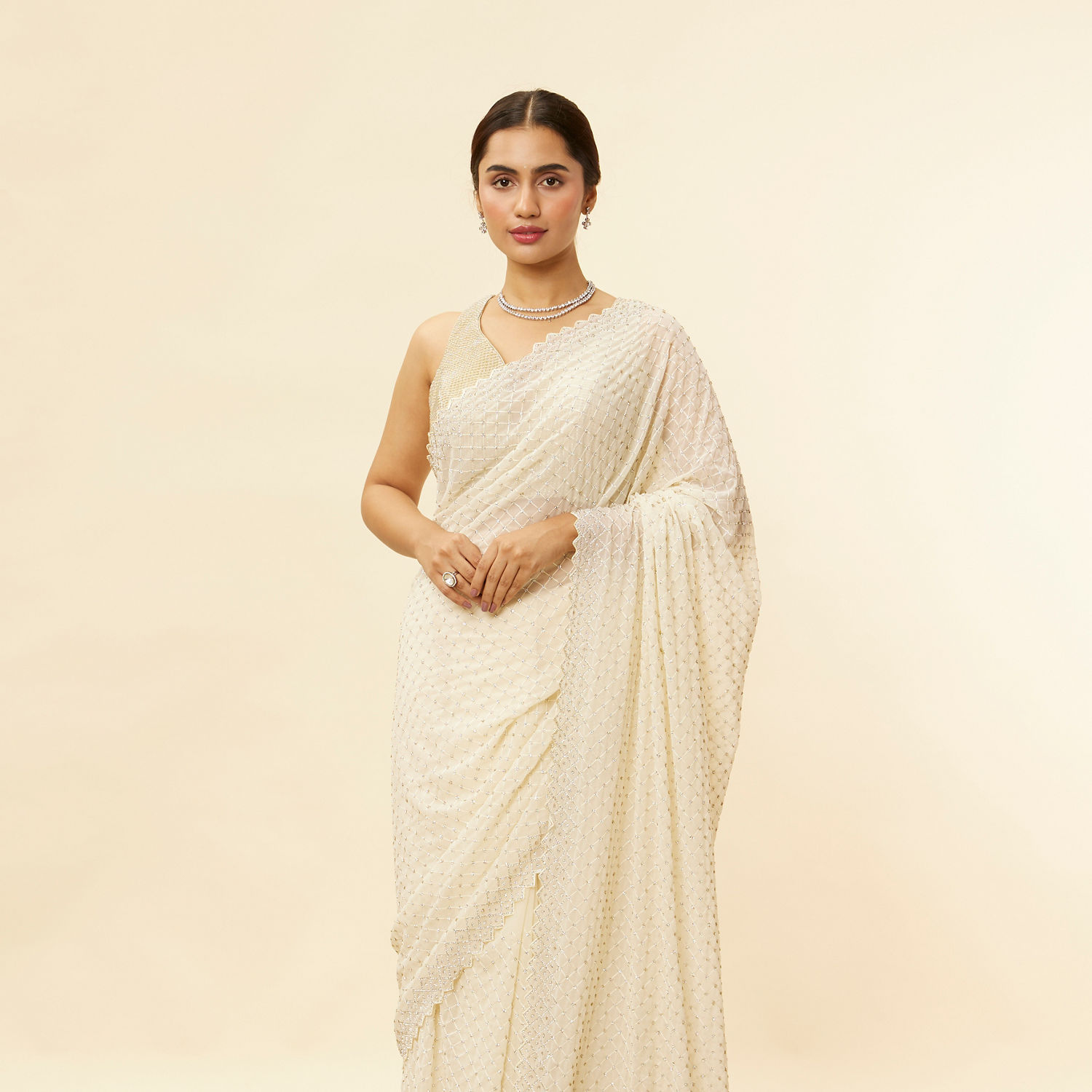 Buy Ivory White Lattice Patterned Stone Work Saree Online in the USA ...