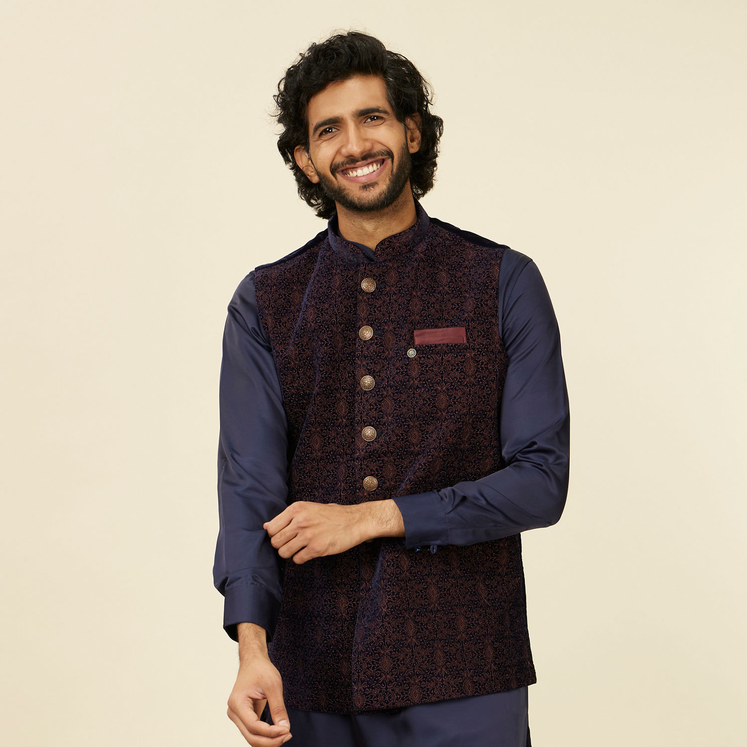 Buy Dark Blue Self-Textured Nehru Jacket Online in Canada @Manyavar ...