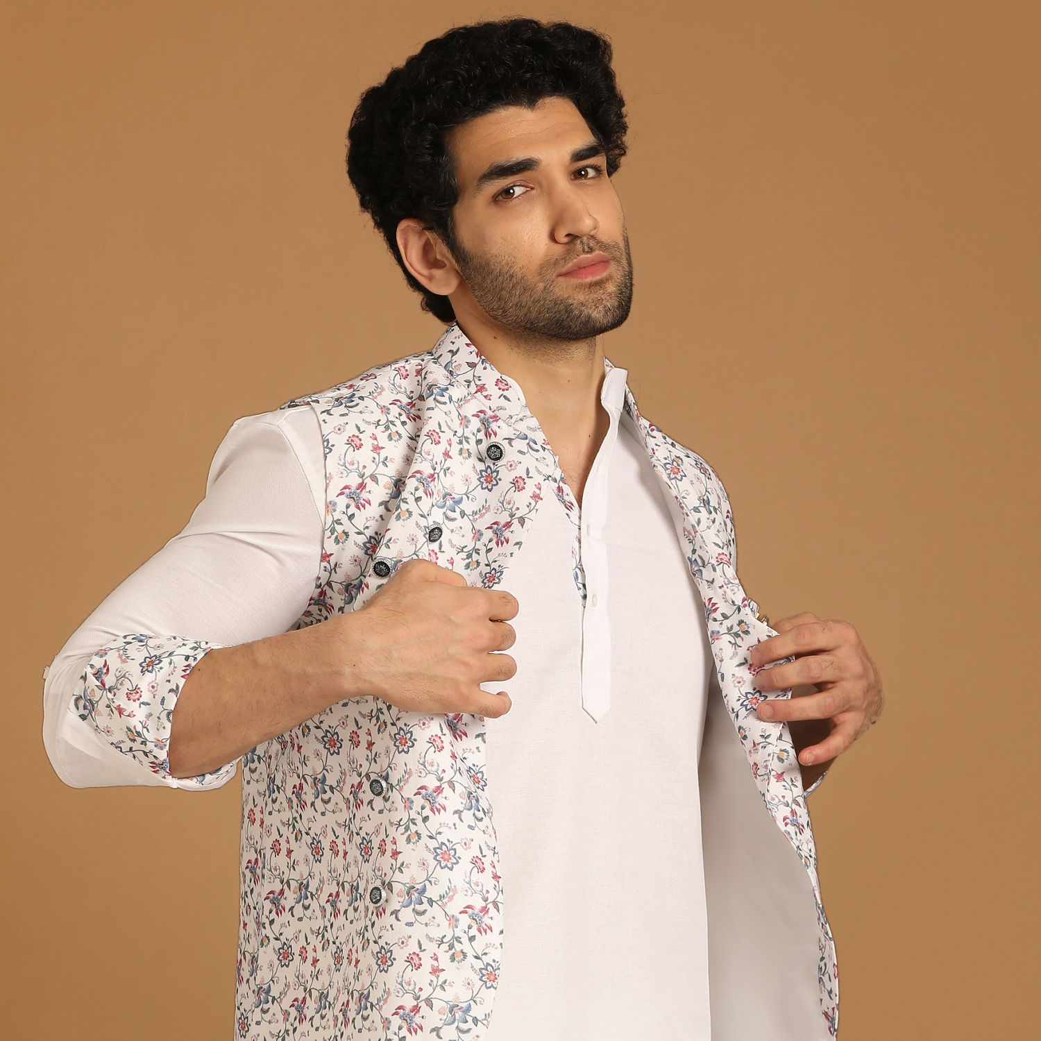 Kurta Jacket Set for Men - Buy Light Cream Floral Print Kurta Jacket ...