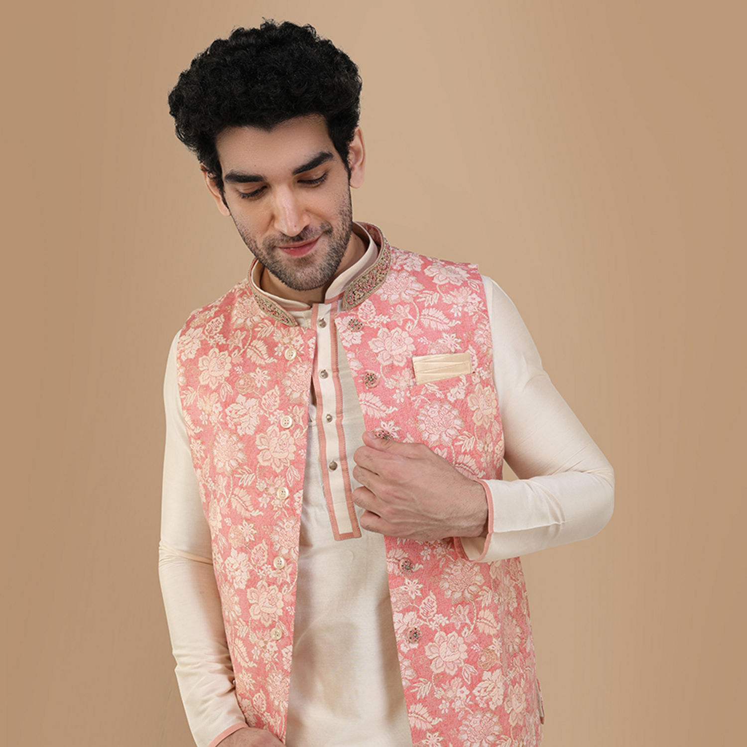 Kurta Jacket Set for Men - Buy Peach And Cream Festive Kurta Jacket ...