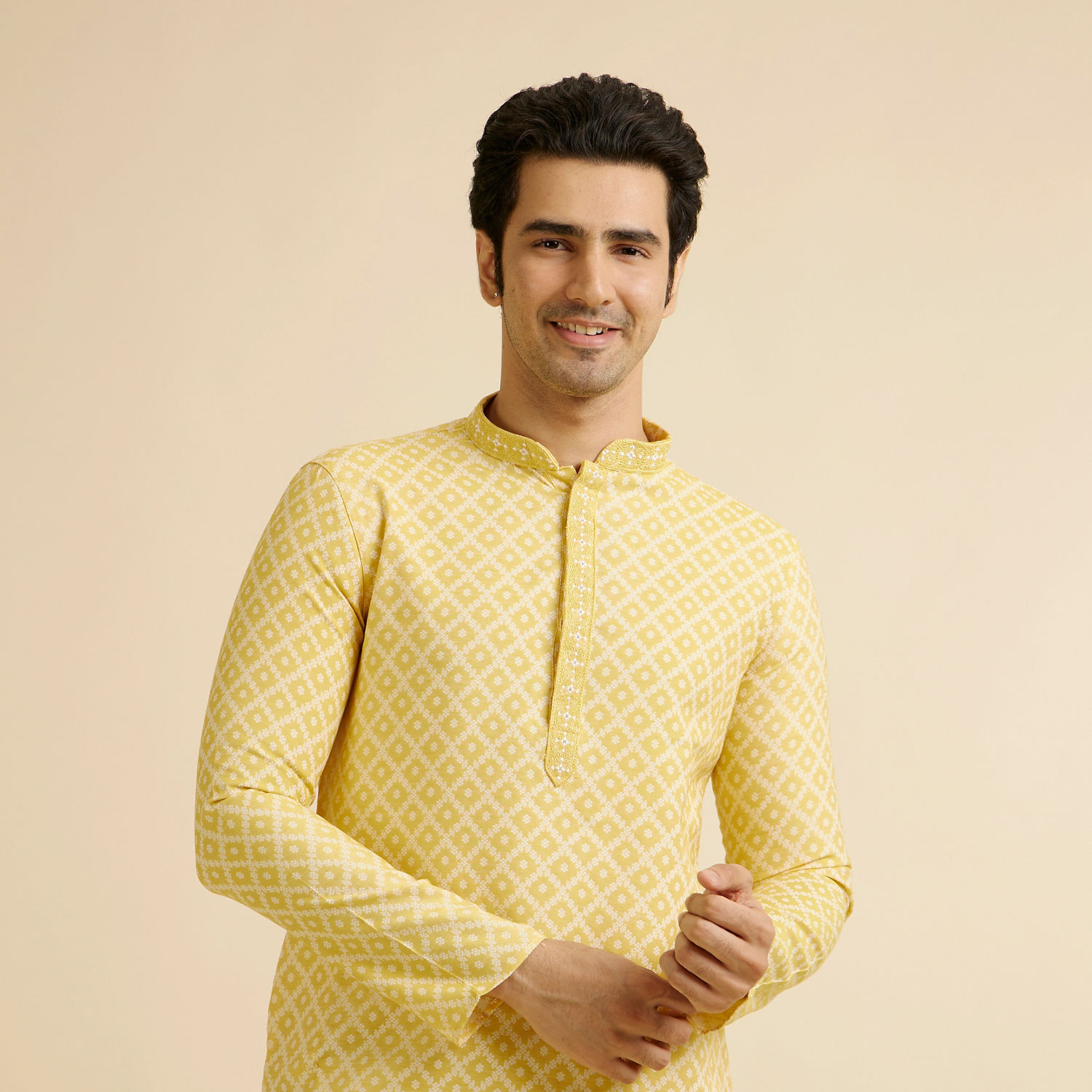 Buy Yellow Grid Patterned Kurta Set Online in India @Manyavar - Kurta ...