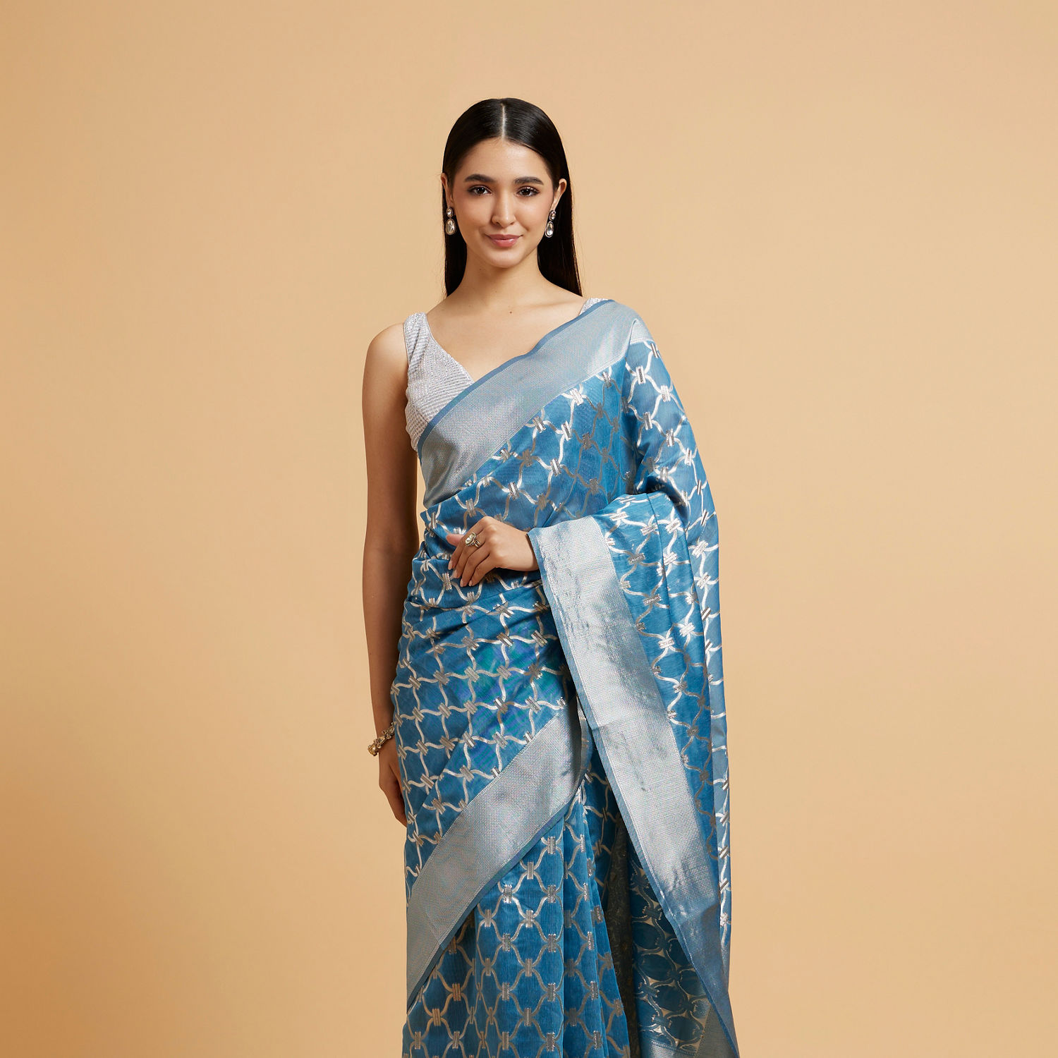 Buy Maya Blue Jaal Patterned Saree with Intricate Borders Online in ...