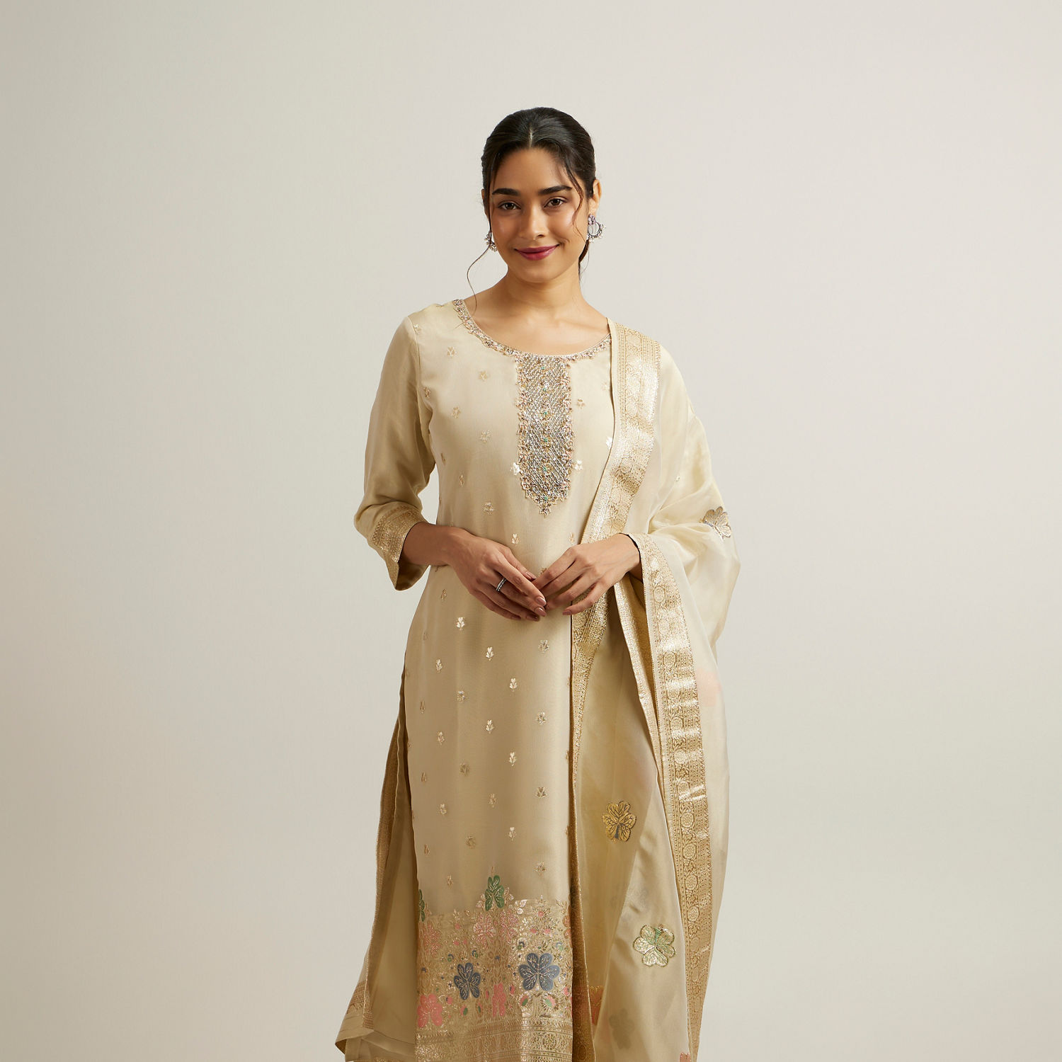 Buy Beige Organza Stitched Suit with Zardosi Work Online in the UK ...