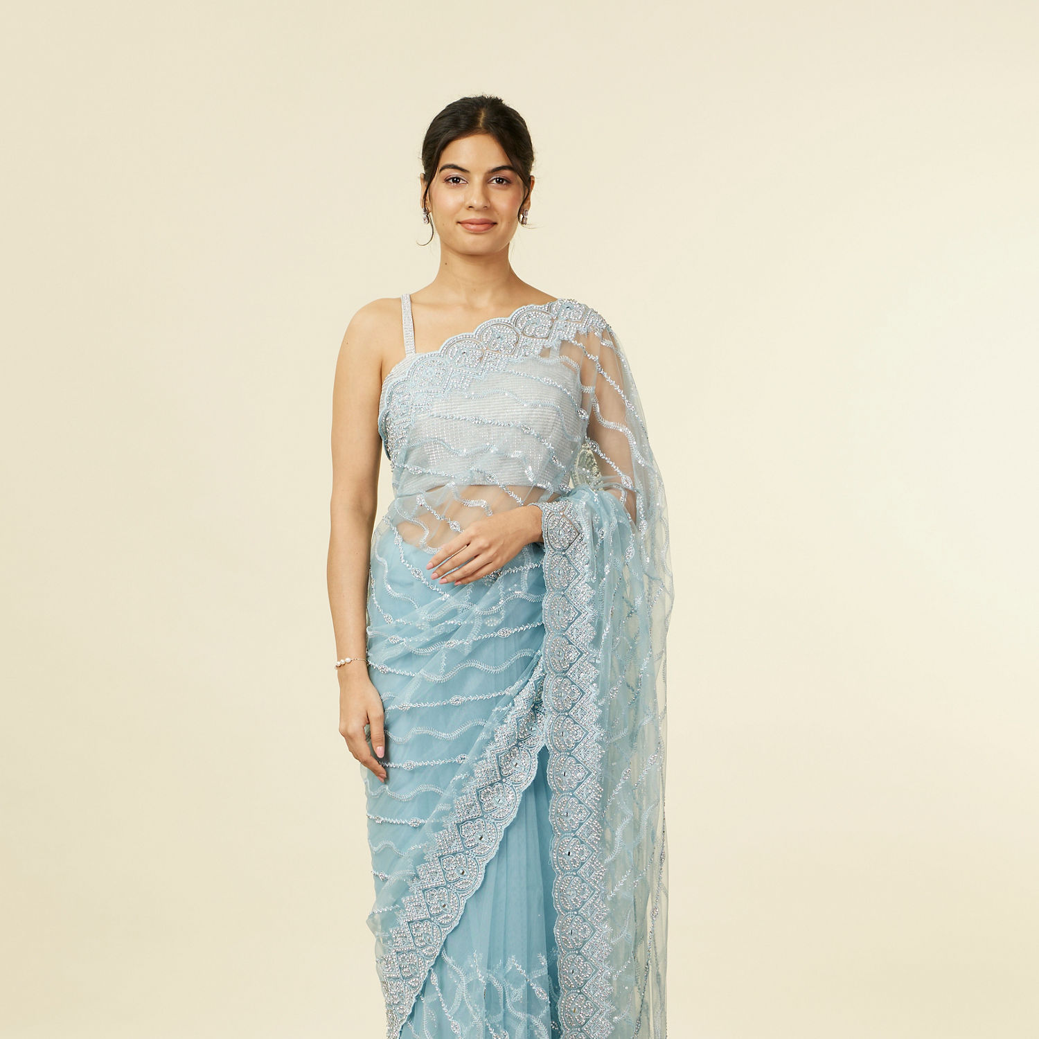 Buy Light Blue Sequinned Saree with Rhinestone Border Online in UAE ...