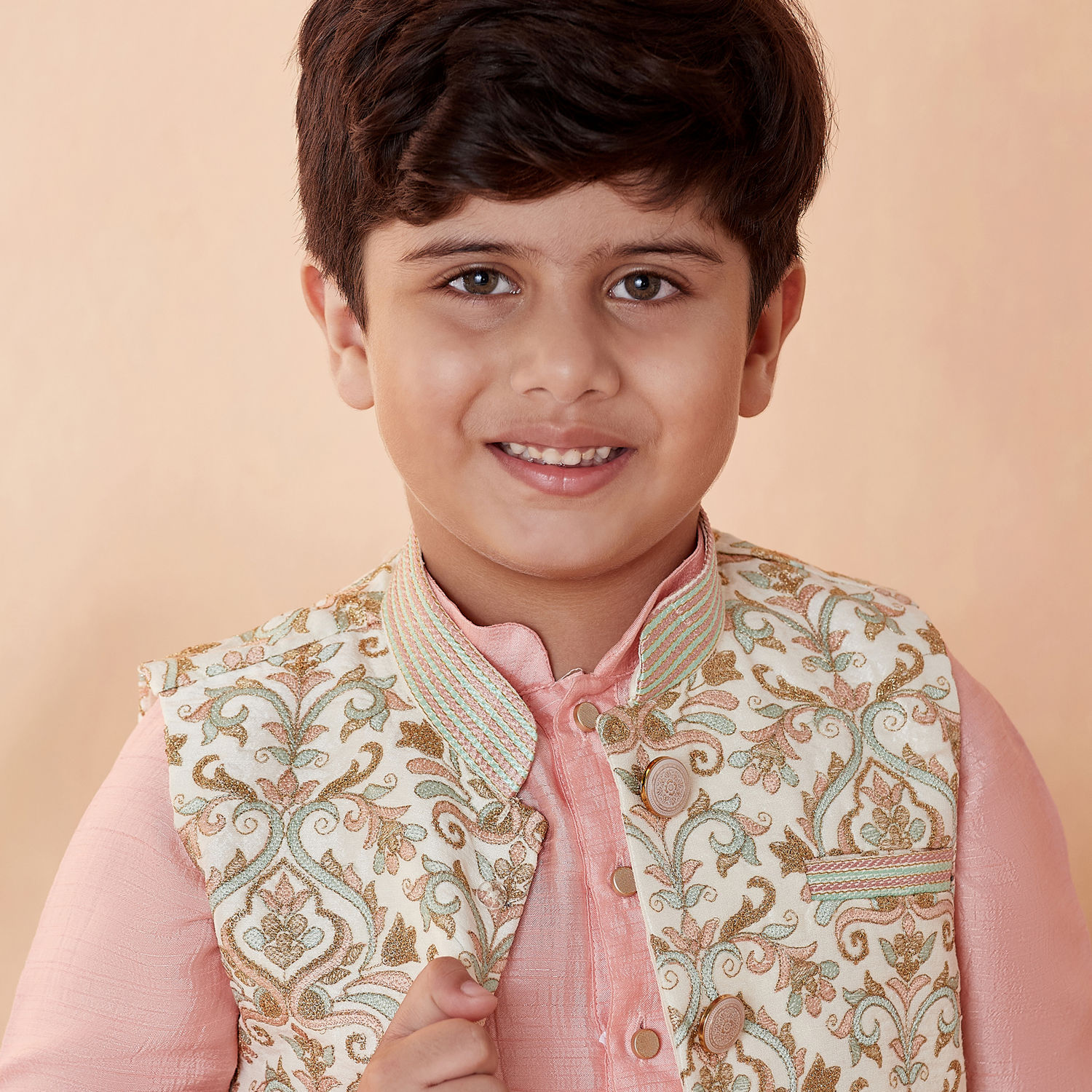 Kurta Jacket Set for Boys - Buy Boys Cream Jacket With Peach Kurta Set ...