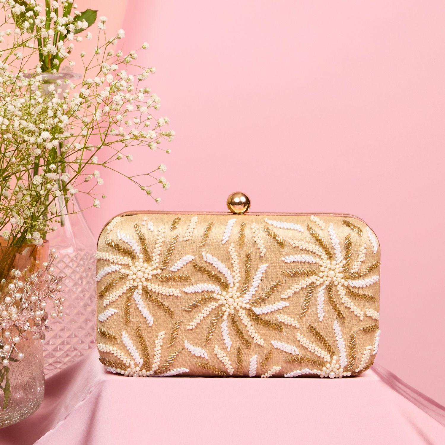 Buy Beige Pearl Embellished Clutch Bag with Bead Work Online in India ...