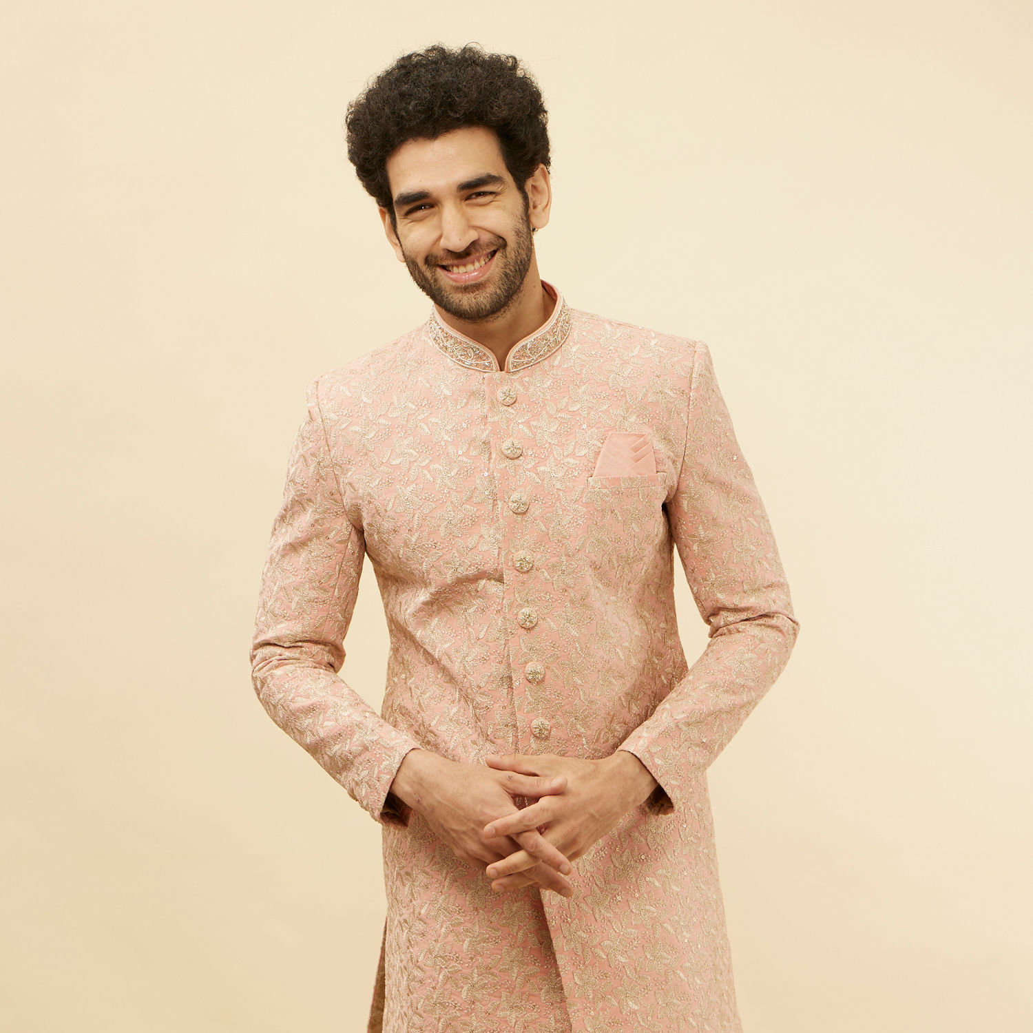Buy Conch Shell Pink Floral Patterned Sherwani Set Online in India ...