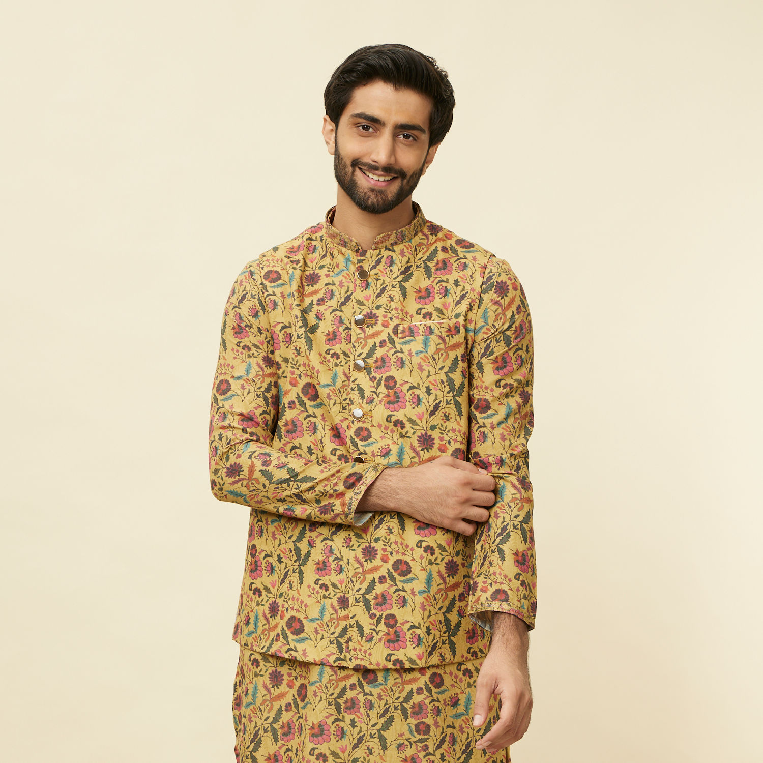 Buy Sepia Yellow Bel Buti Patterned Jacket Online in India @Manyavar ...