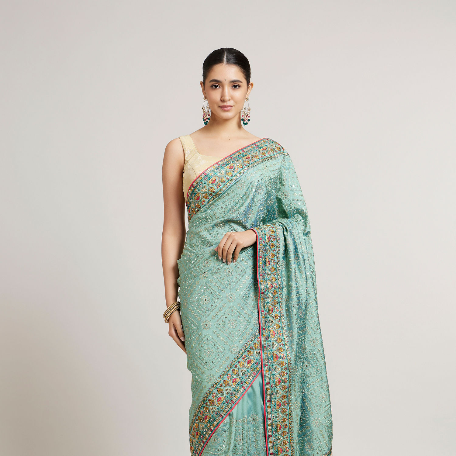 Buy Sea Green Floral & Grid Patterned Saree with Sequin Work Online in ...