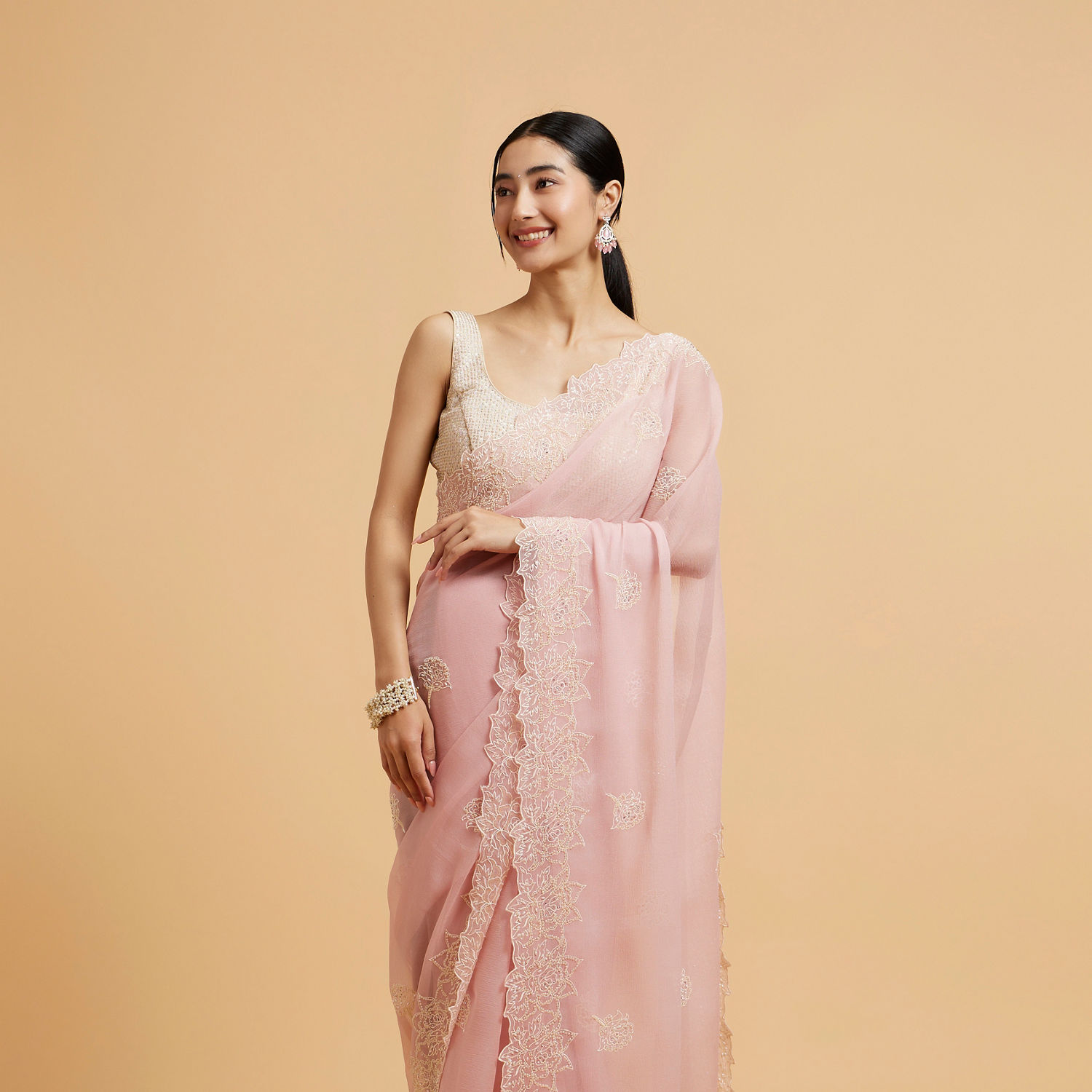 Buy Baby Pink Floral Embroidered Saree with Pearl and Rhinestone Work ...