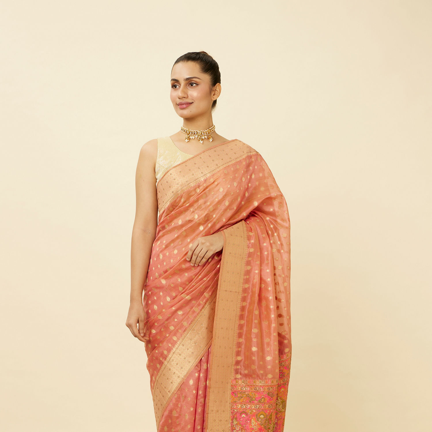 Buy Shell Pink Chanderi Saree with Botanical Prints Online in the USA ...