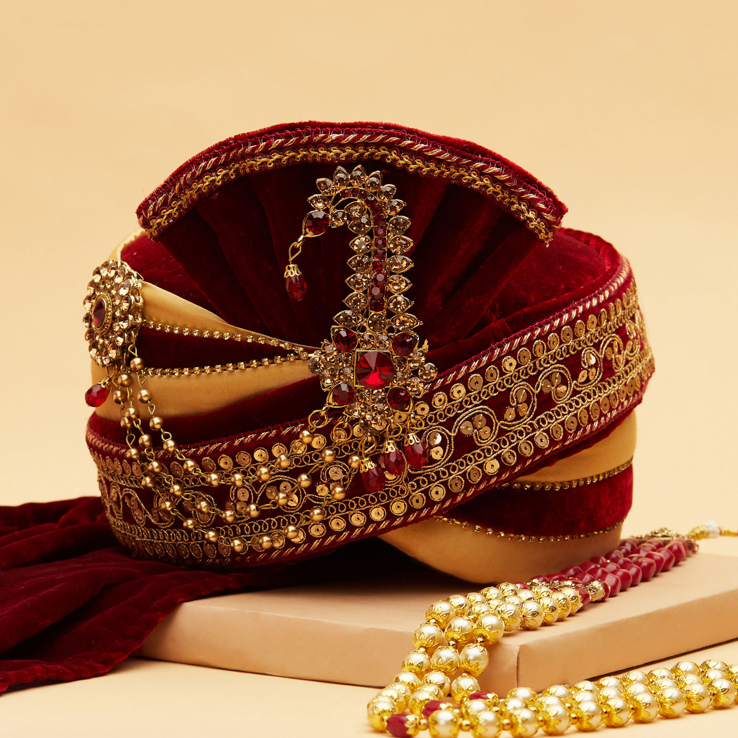 Safa for Men - Buy Maroon And Gold Brooch Embellished Safa Online @Manyavar