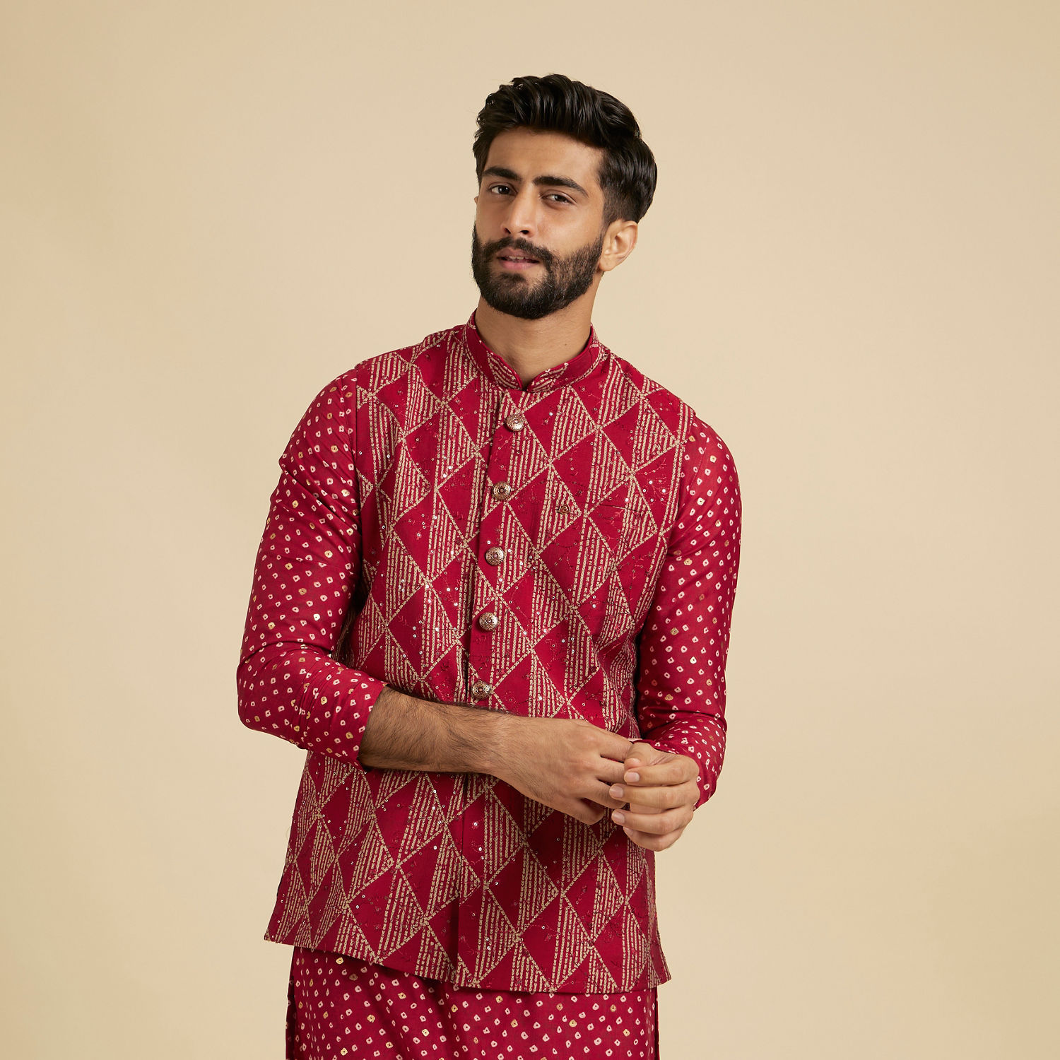 Buy Poppy Red Triangular Patterned Jacket Set with Sequin Work Online ...