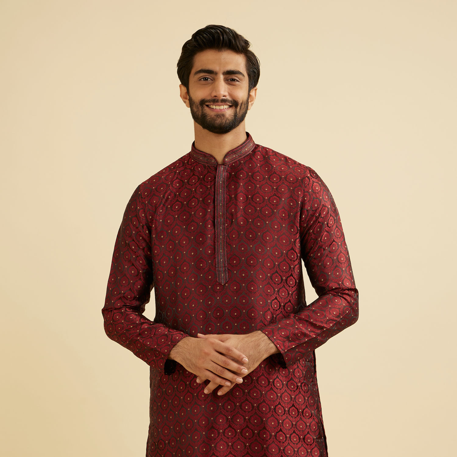 Buy Maroon Red Jaal Medallion Patterned Kurta Set with Rhinestones ...