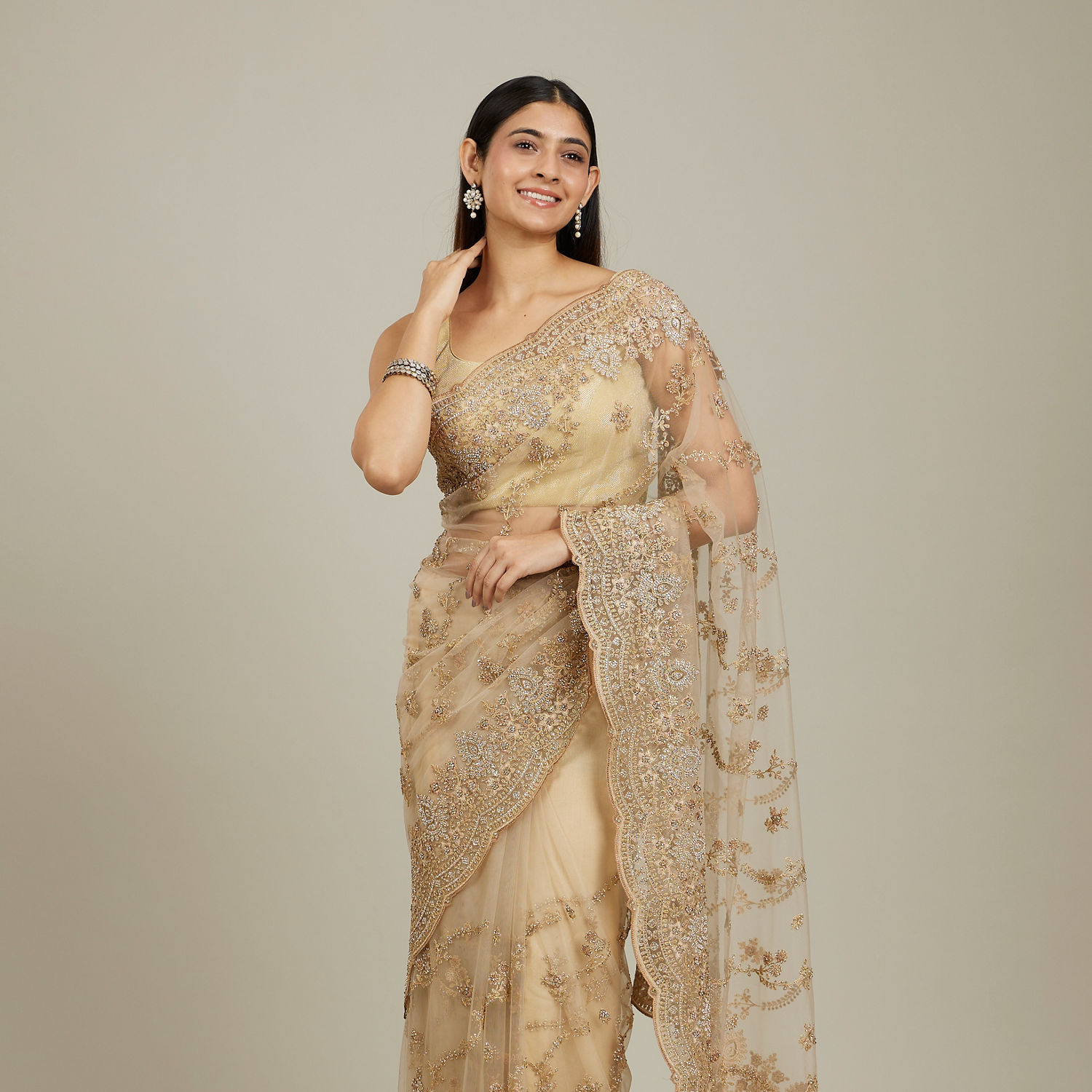 Buy Warm Beige Bel Buti Patterned Stone Work Saree Online in India ...