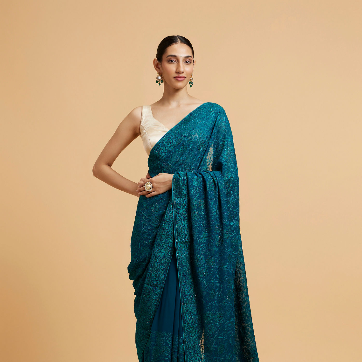 Buy Rama Green Bel Buti Embroidered Saree with Rhinestones Online in ...