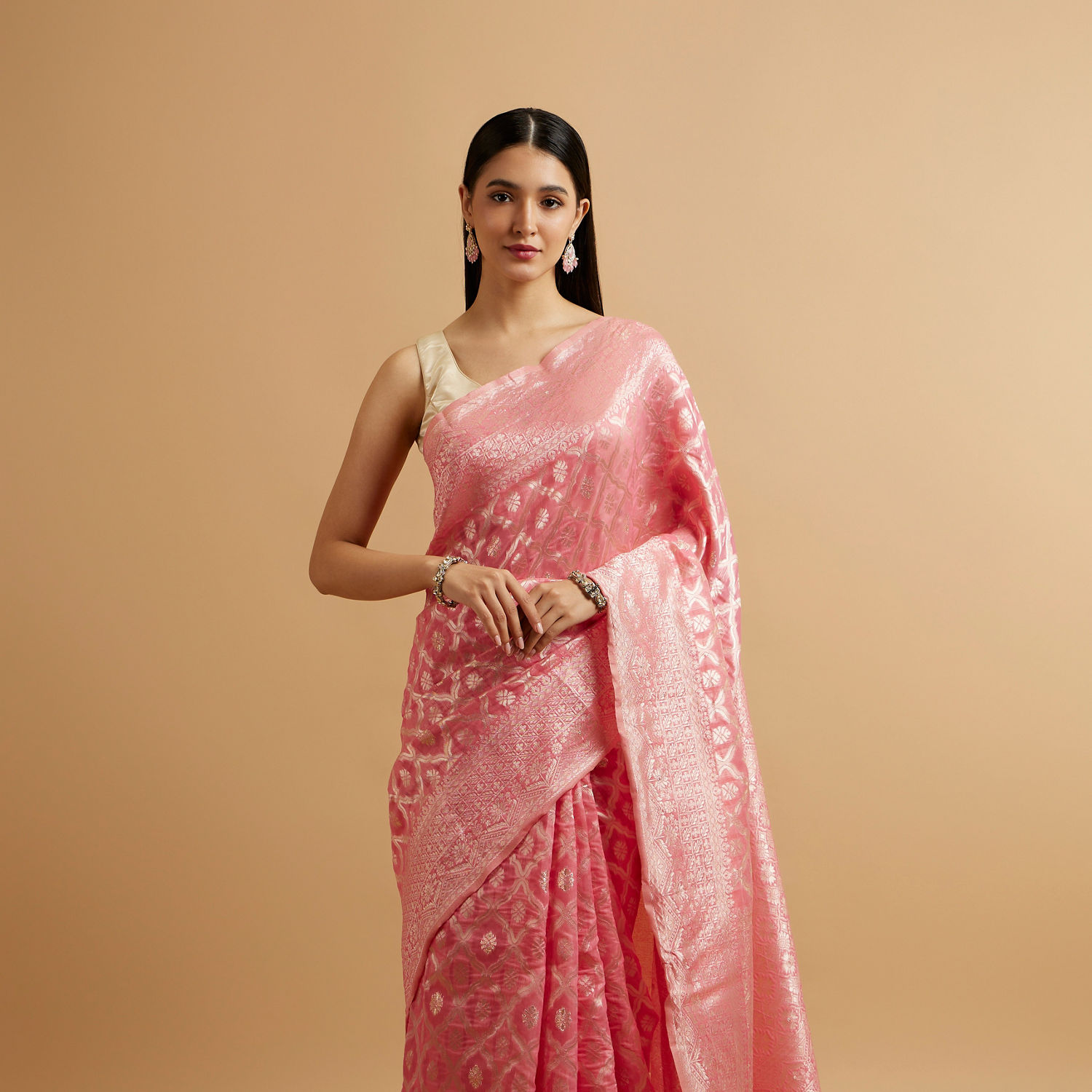 Buy Pink Zari-Weave Traditional Festive Saree Online in India @Mohey ...