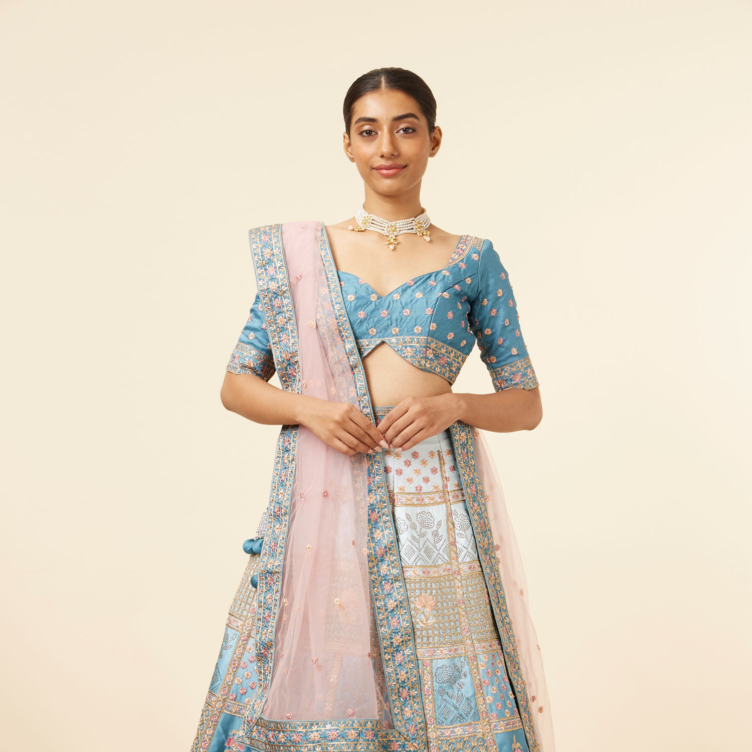 Buy Teal Blue Block Patterned Lehenga Online in the USA @Mohey ...