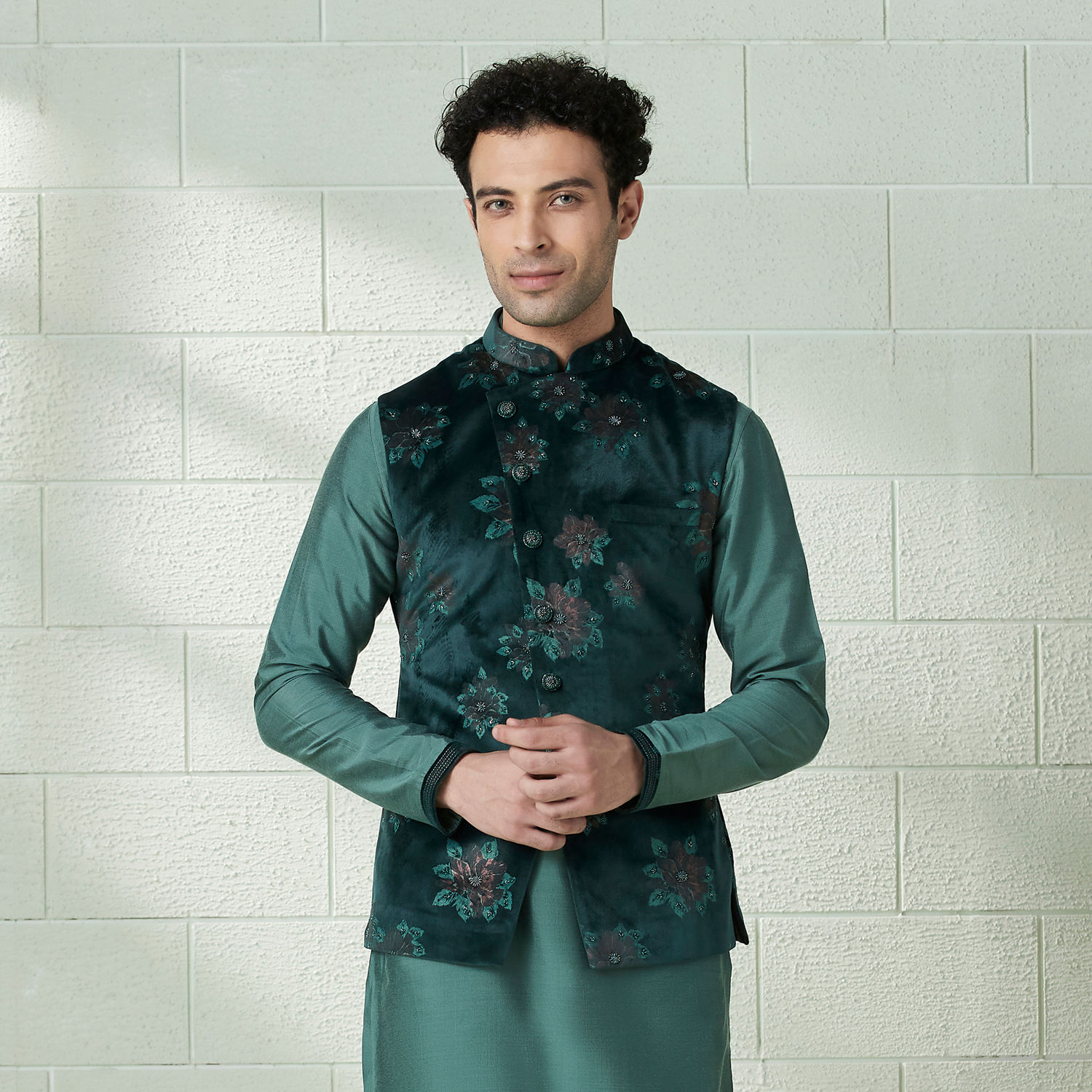 Buy Moss Green Printed Kurta Jacket Set Online in the USA @Manyavar ...