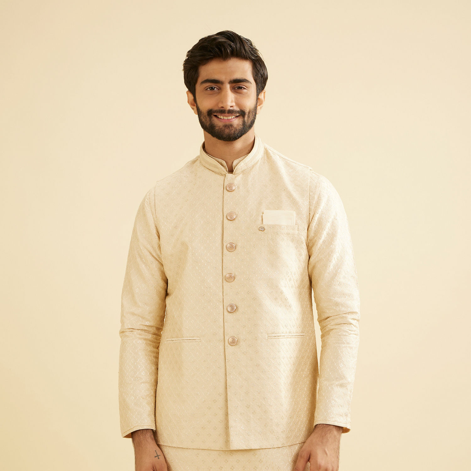 Buy Soft Beige Buta Jaal Patterned Jacket with Patra Work Online in the ...