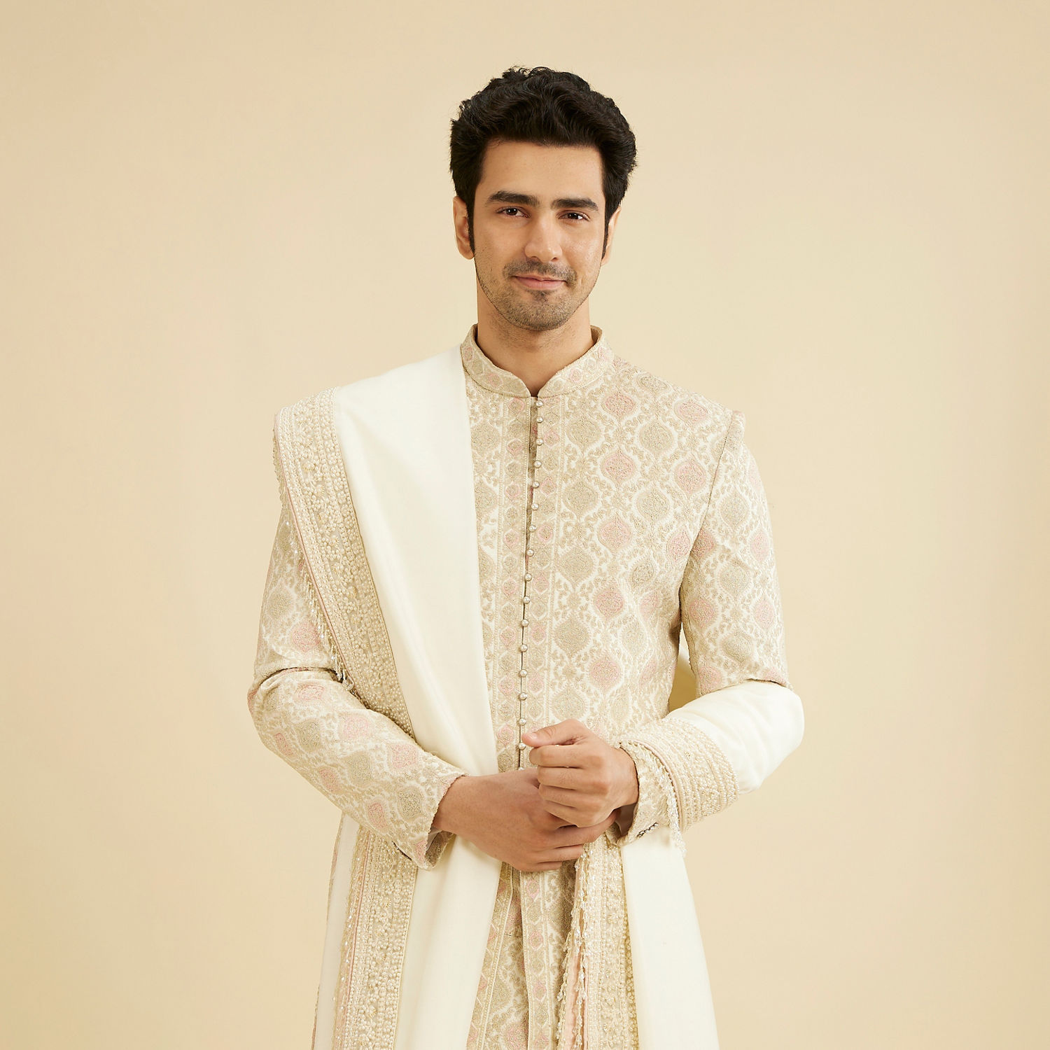 Buy Cream Silk Embroidered Sherwani Online in India @Manyavar ...