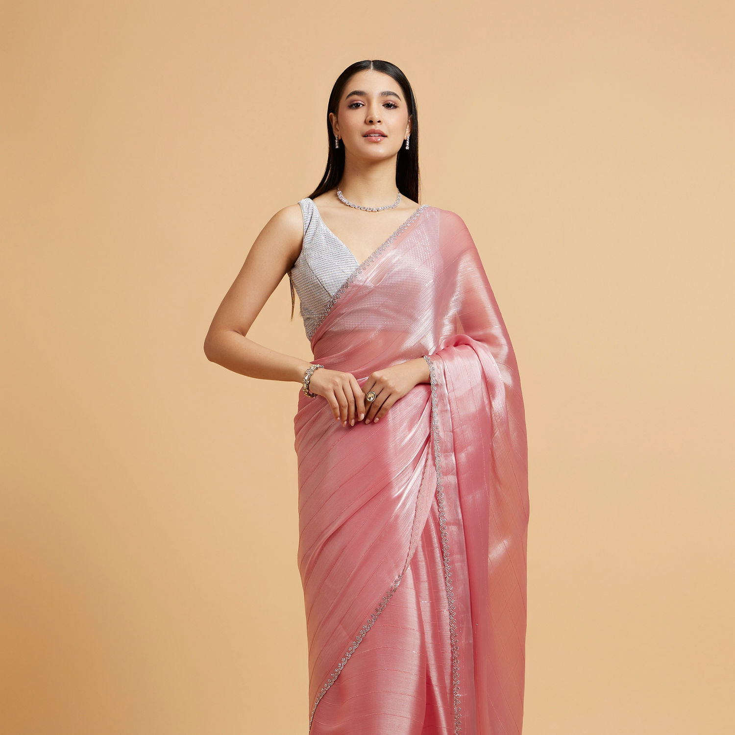 Buy Rose Pink Sequin Embellished Saree with Rhinestone Border Online ...