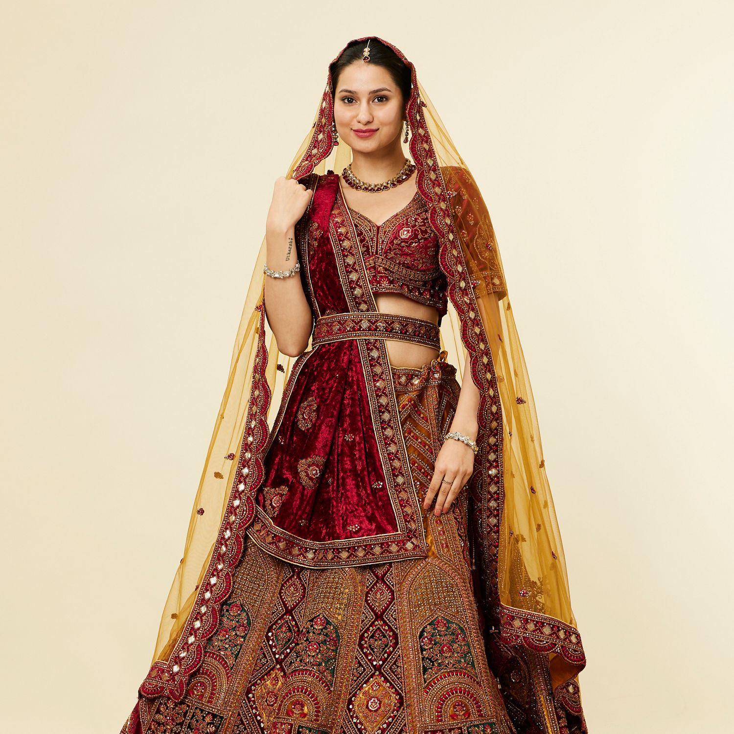 Buy Mustard Yellow Maroon Buta Motif Bridal Lehenga Online in India ...