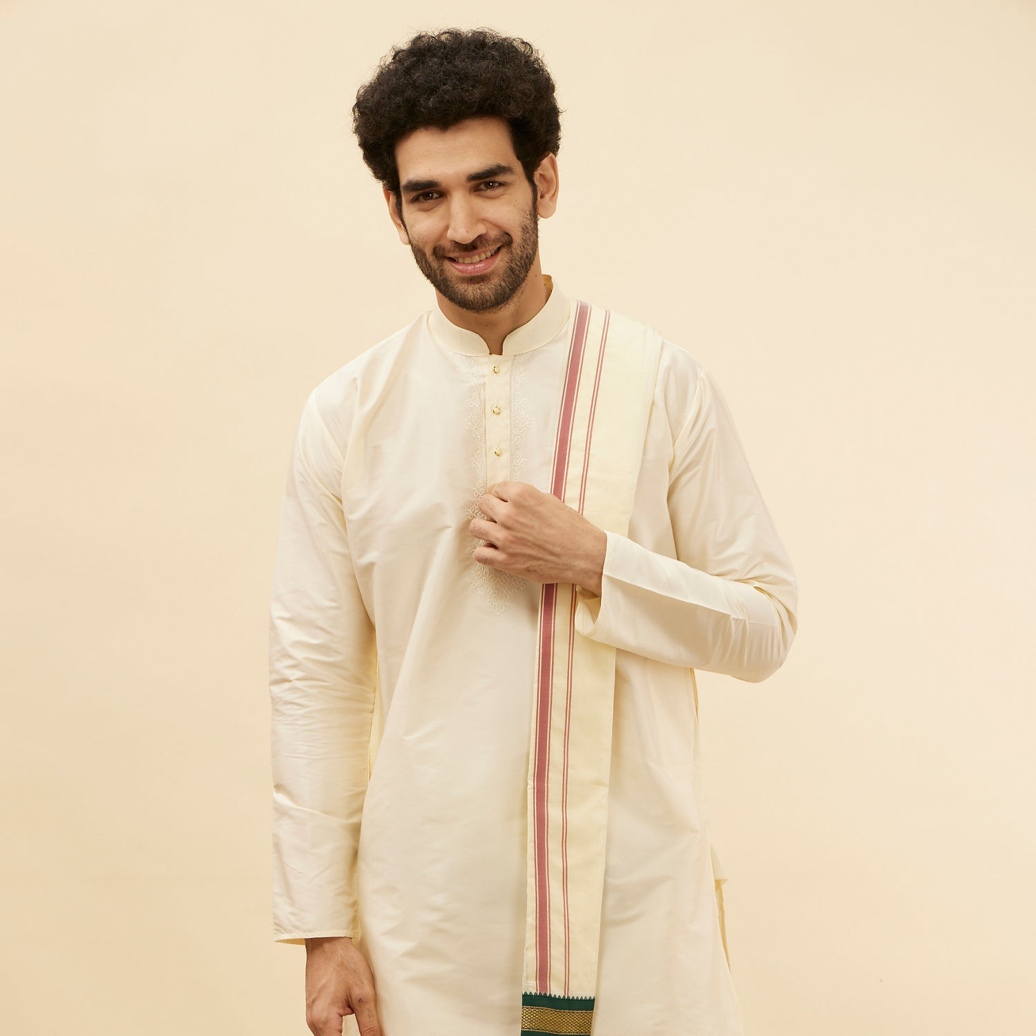 Buy Bright Cream Contrast Bordered Traditional South Indian Pancha Set ...