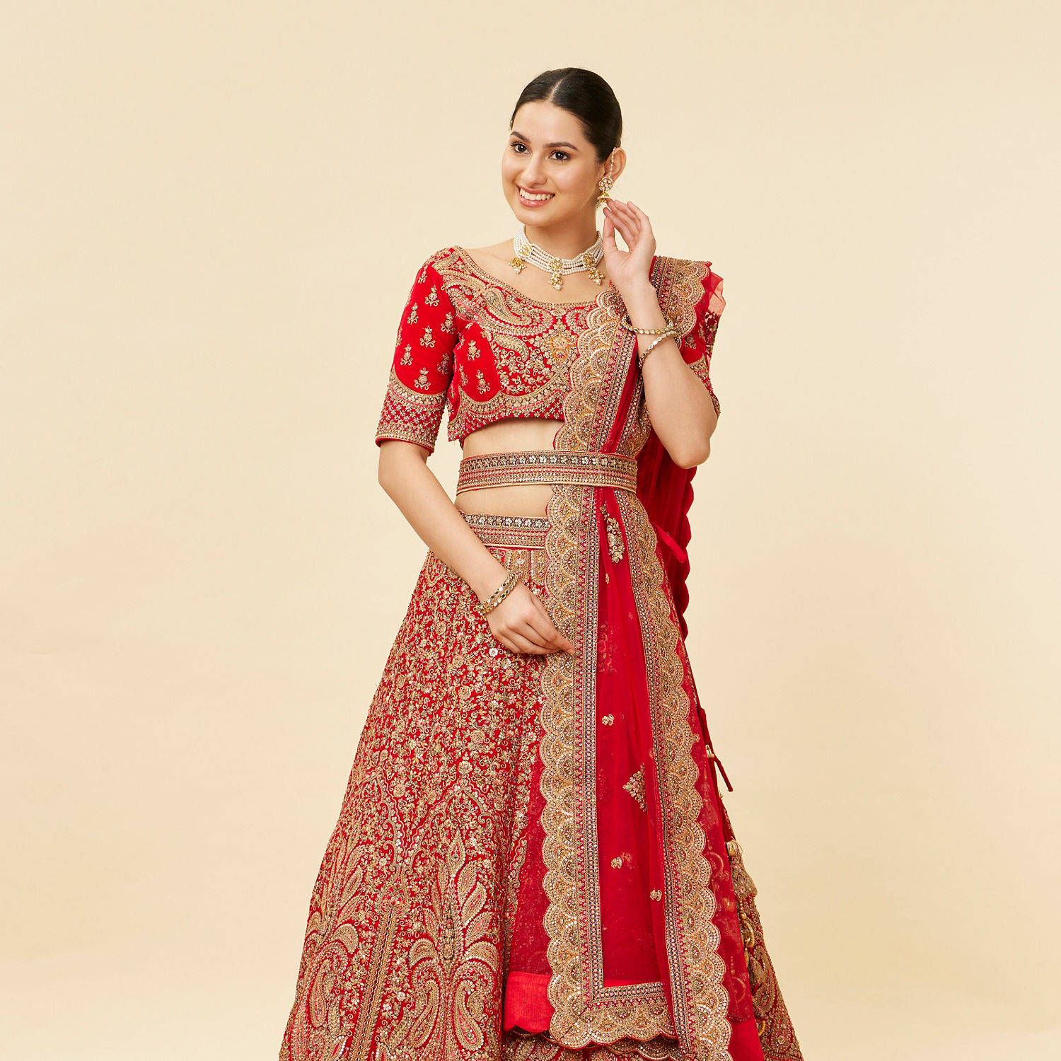 Buy Rose Red Bel Buti Embroidered Bridal Lehenga Online in India @Mohey ...