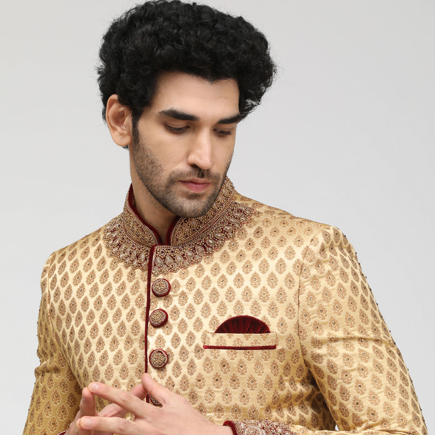 Buy Beige Jacquard Groom Sherwani Online in India @Manyavar - Sherwani ...