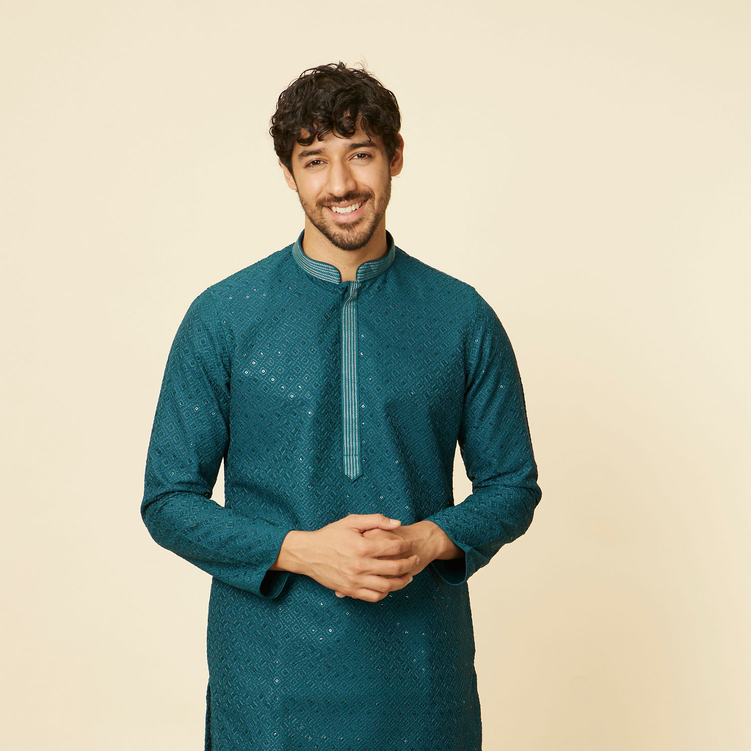 Buy Teal Green Grid Patterned Chikankari Kurta Set Online in India @Manyavar - Kurta Pajama for Men