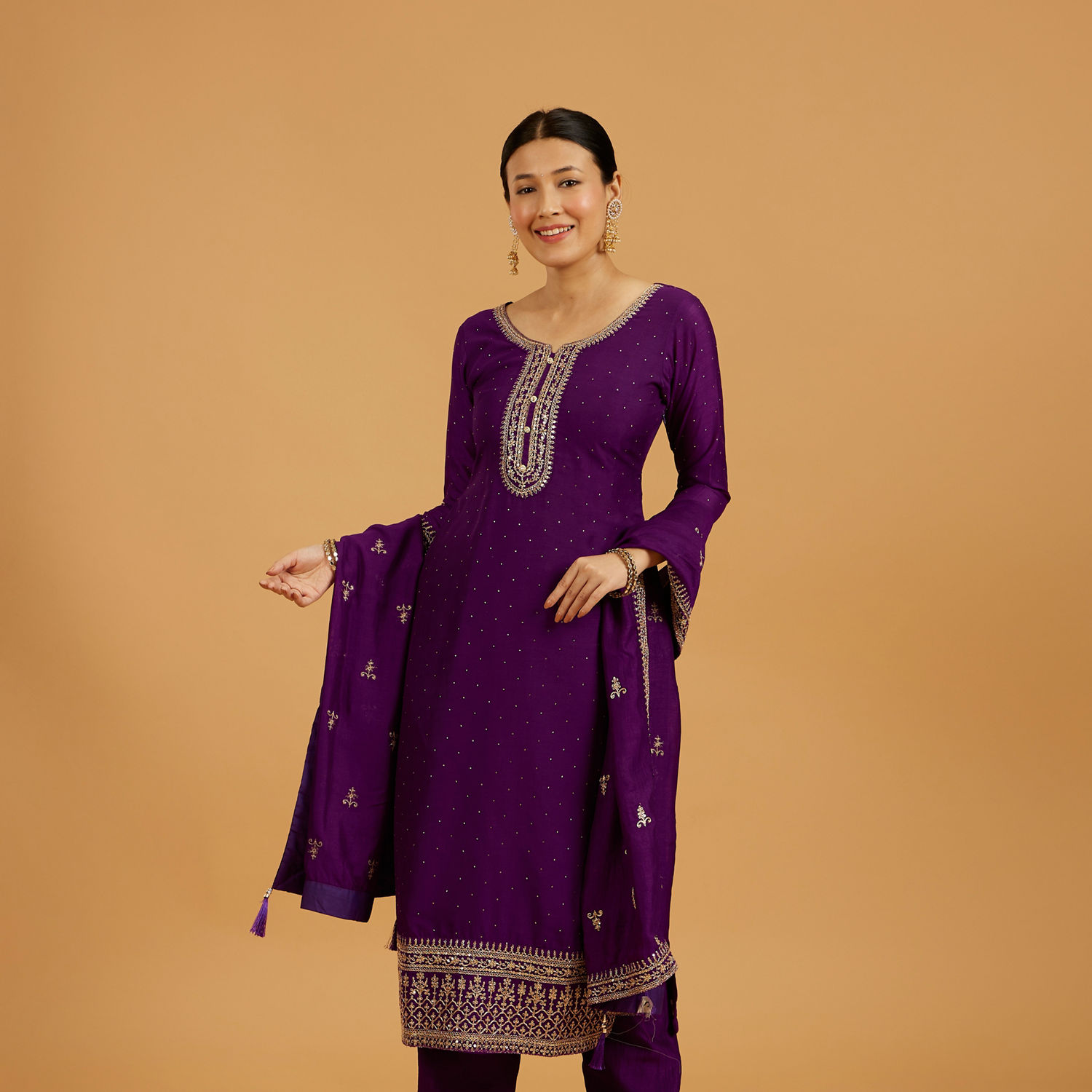 Buy Royal Purple Rhinestone Embellished Suit Set with Buta Embroidered ...