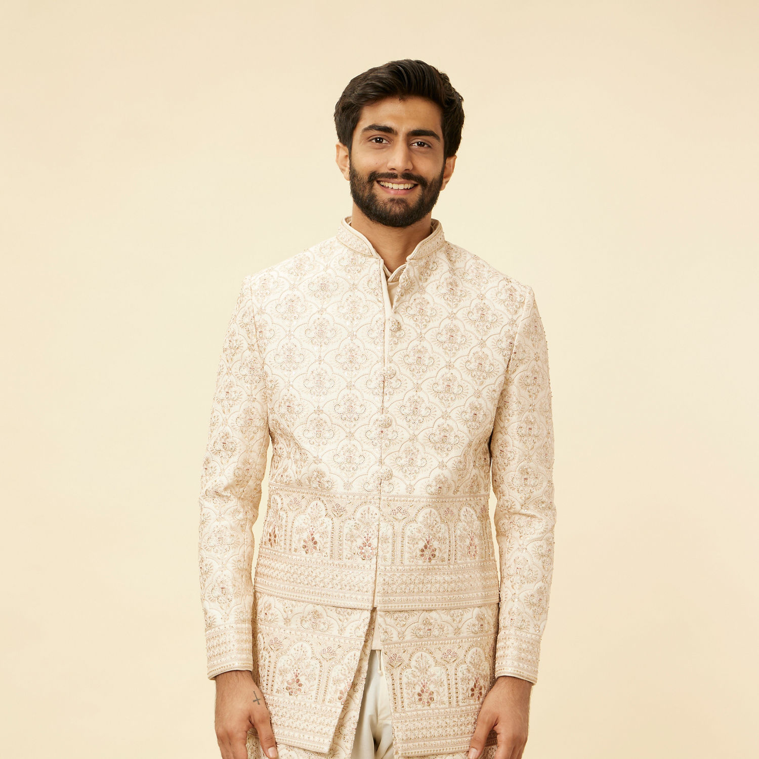 Buy Cream Beige Shankh Motif Sherwani Jacket Set Online in the USA ...