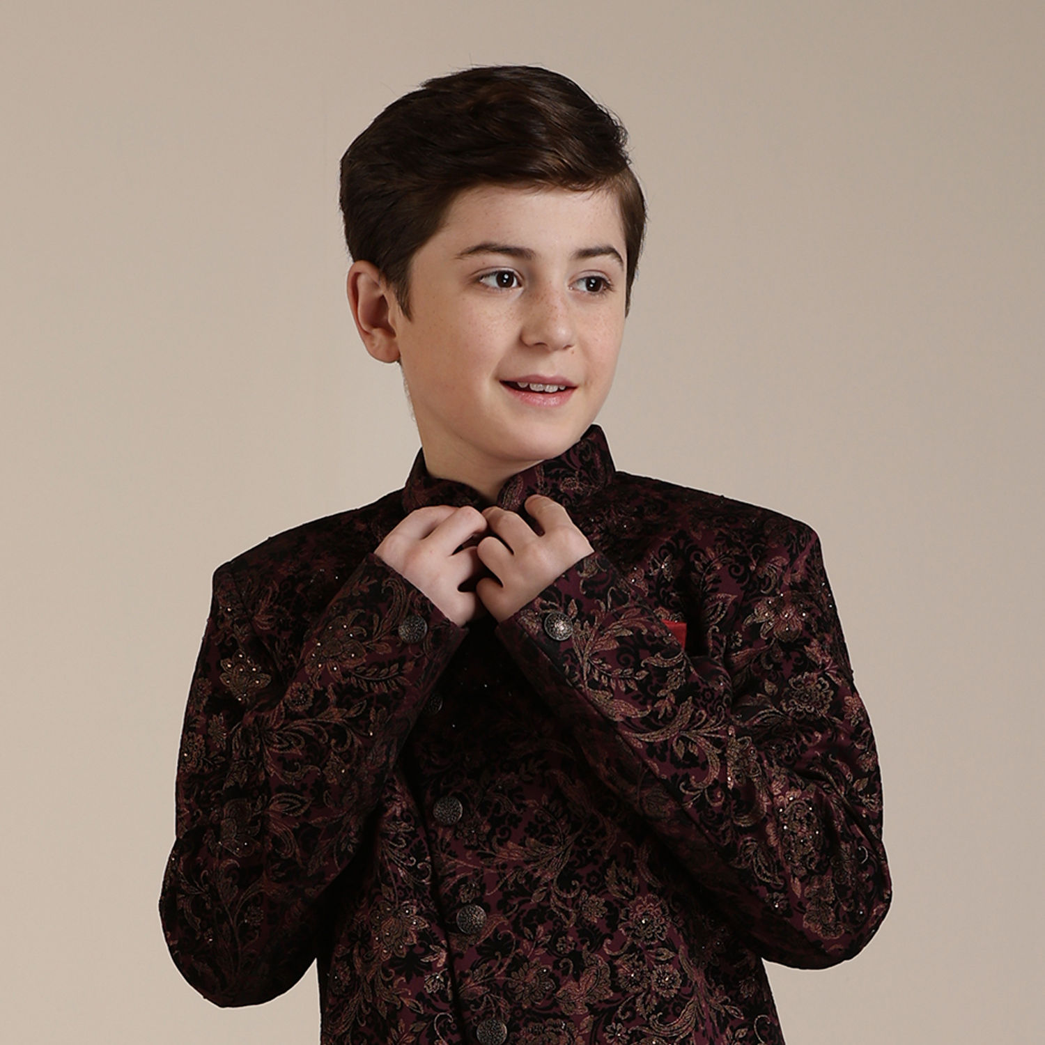 Buy Boys Wine Bel Buti Patterned Indo Western Set Online in the USA ...