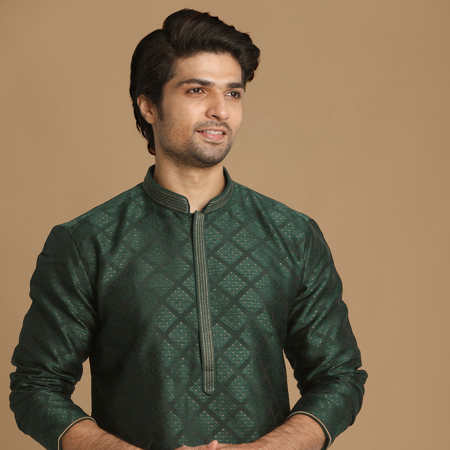 Buy Bottle Green Jacquard Kurta Pajama Online in India @Manyavar ...