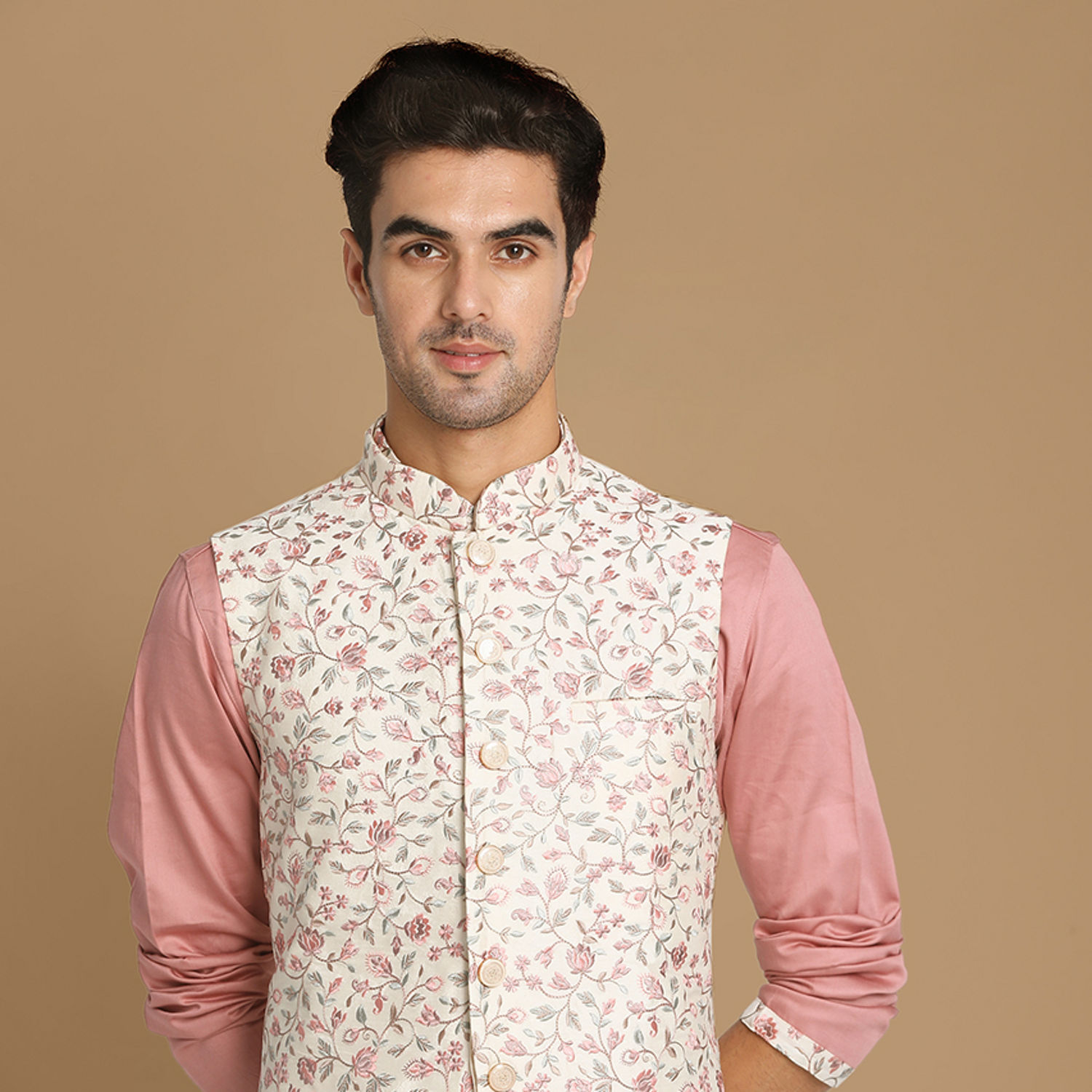 Kurta Jacket Set for Men - Buy Cream And Pink Kurta Jacket Set Online ...