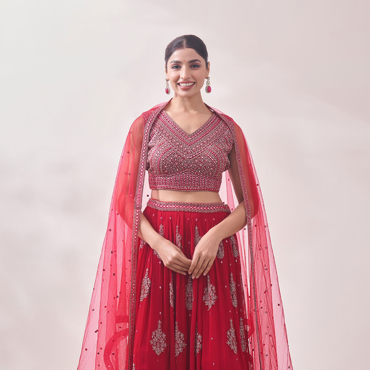 Buy True Red Jhallar Motif Lehenga Online in the USA @Mohey - Lehenga ...