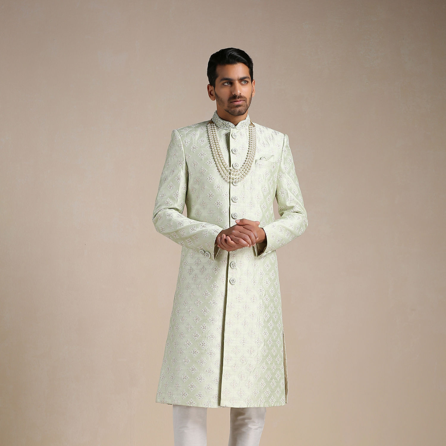 Sherwani for Men - Buy Mint Green Floral Patterned Sherwani Set Online ...