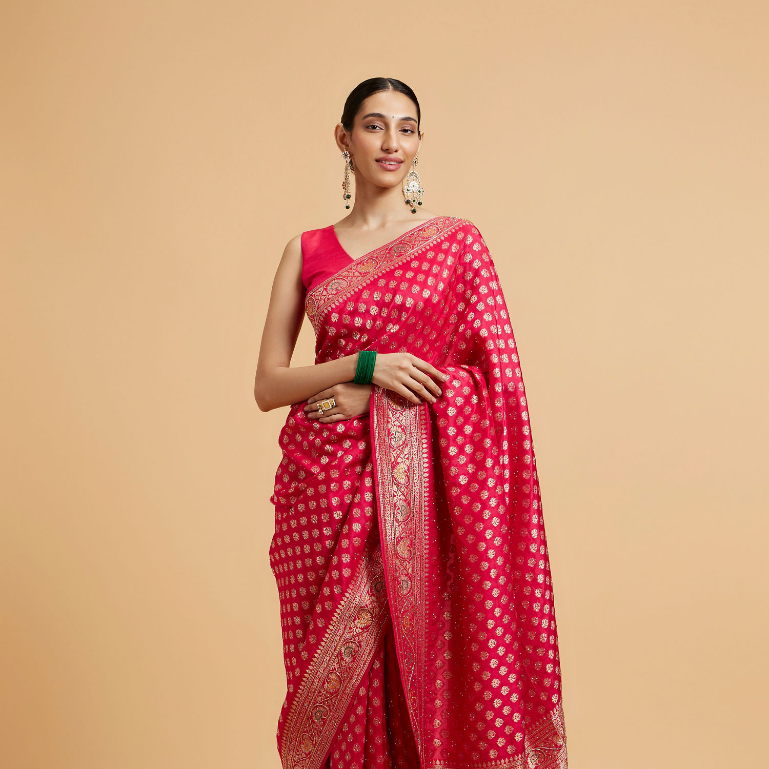 Buy Rani Pink Buta Jaal Patterned Saree with Cutdana & Rhinestone Work ...