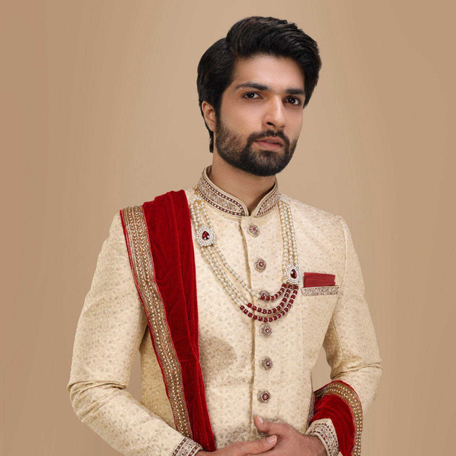 Buy Beige Sherwani Suit With Bold Zardozi Work Online in India ...