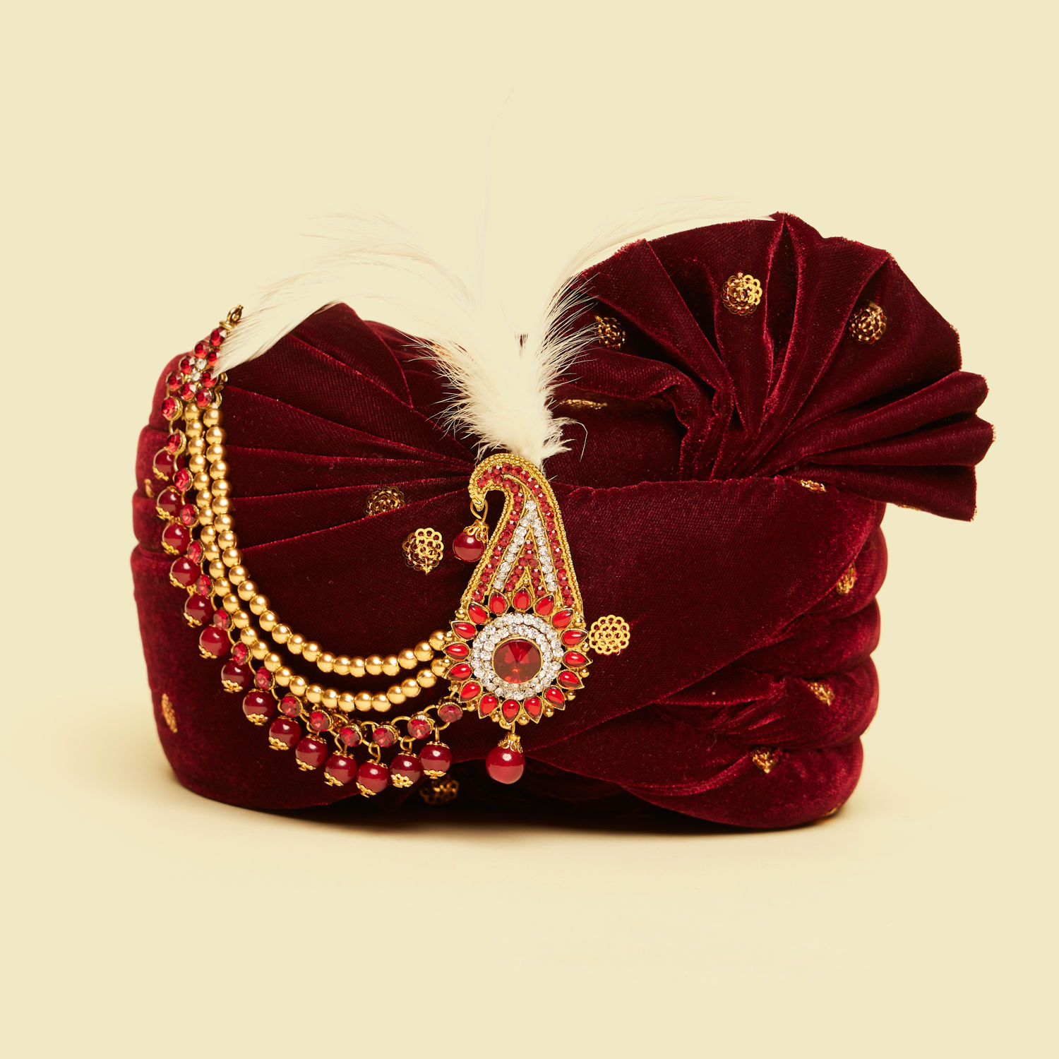 Buy Classic Maroon Filigree Embellished Safa with Feather Trim Kalgi ...