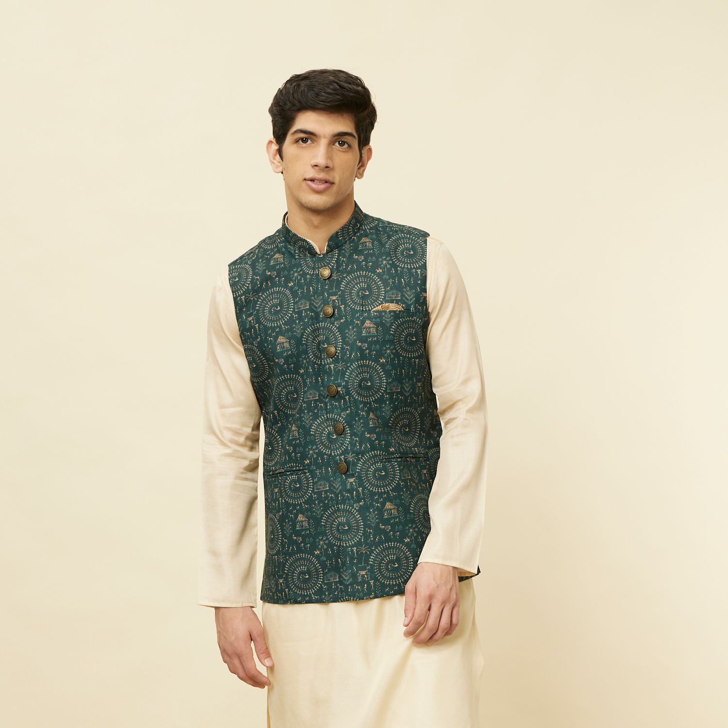 Buy Pine Green Warli Tribal Art Printed Jacket Online in UAE @Manyavar ...
