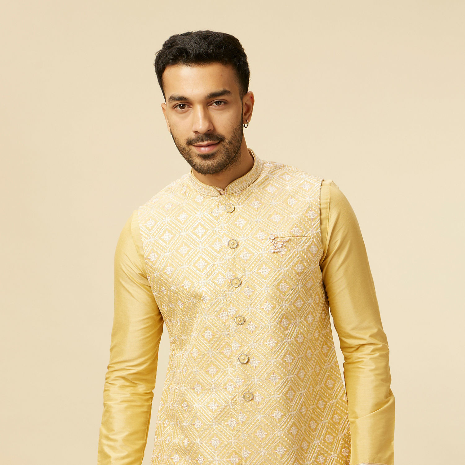 Buy Yellow Grid Patterned Chowkadi Motif Jacket Set Online in India ...