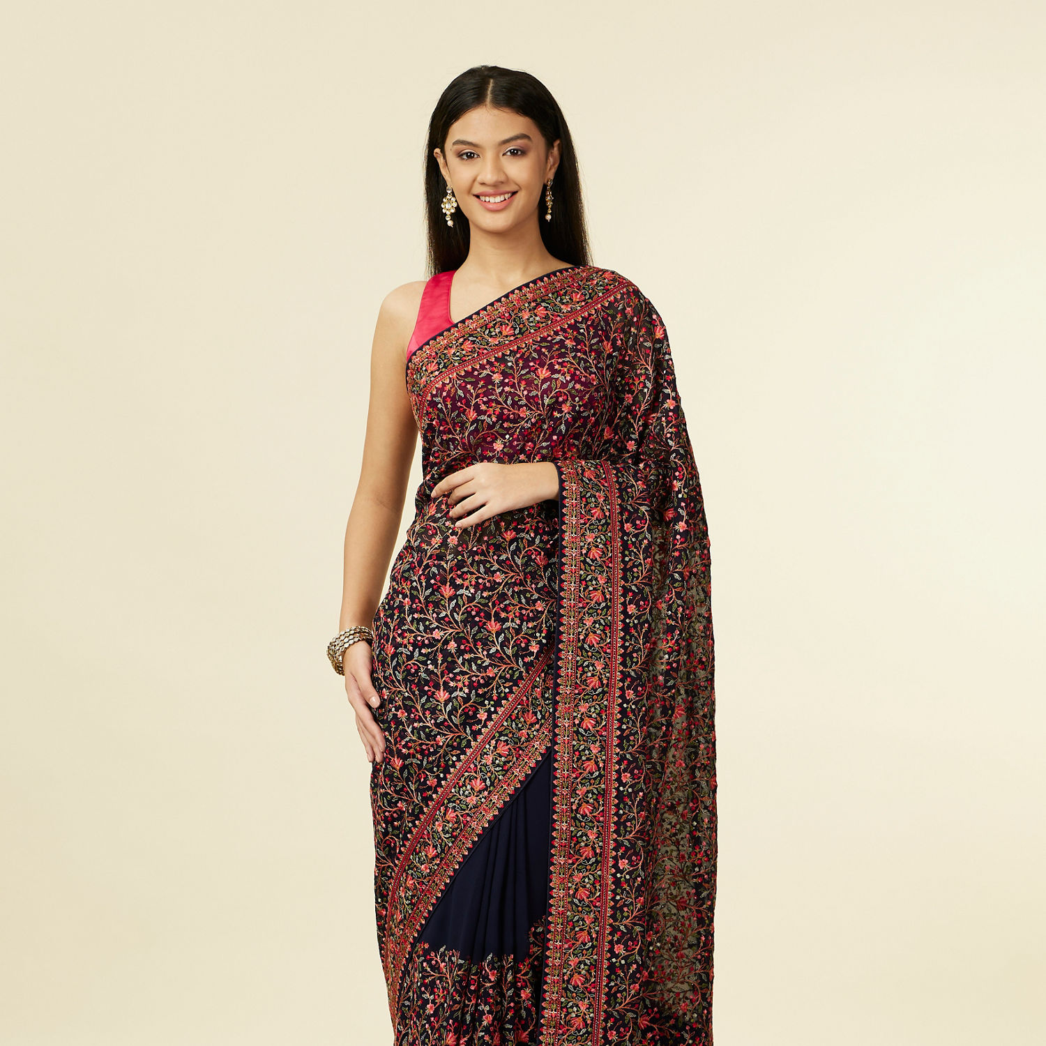 Buy Indigo Blue Bel Buti Patterned Saree Online in UAE @Mohey - Saree ...