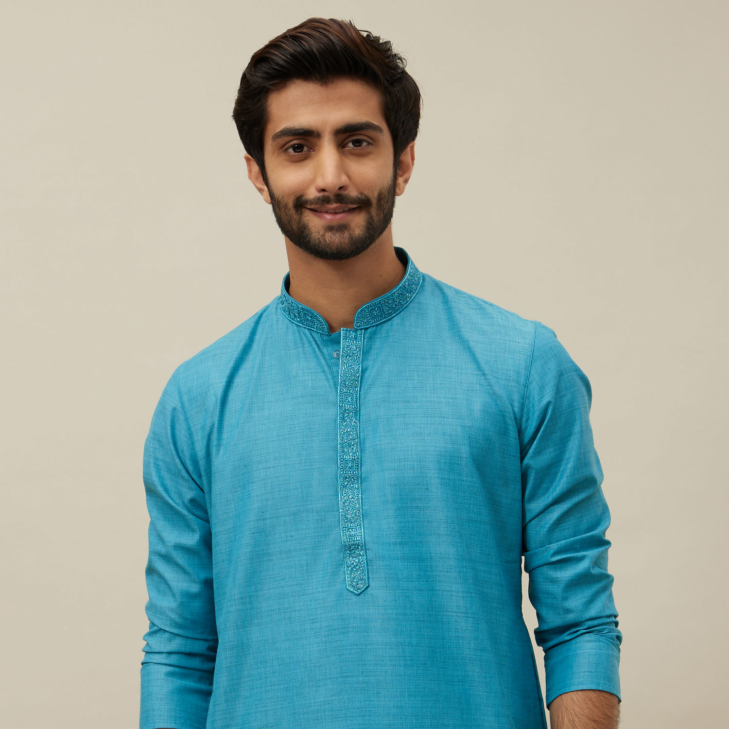Buy Ferozi Blue Embroidered Placket Kurta Set Online in India @Manyavar ...