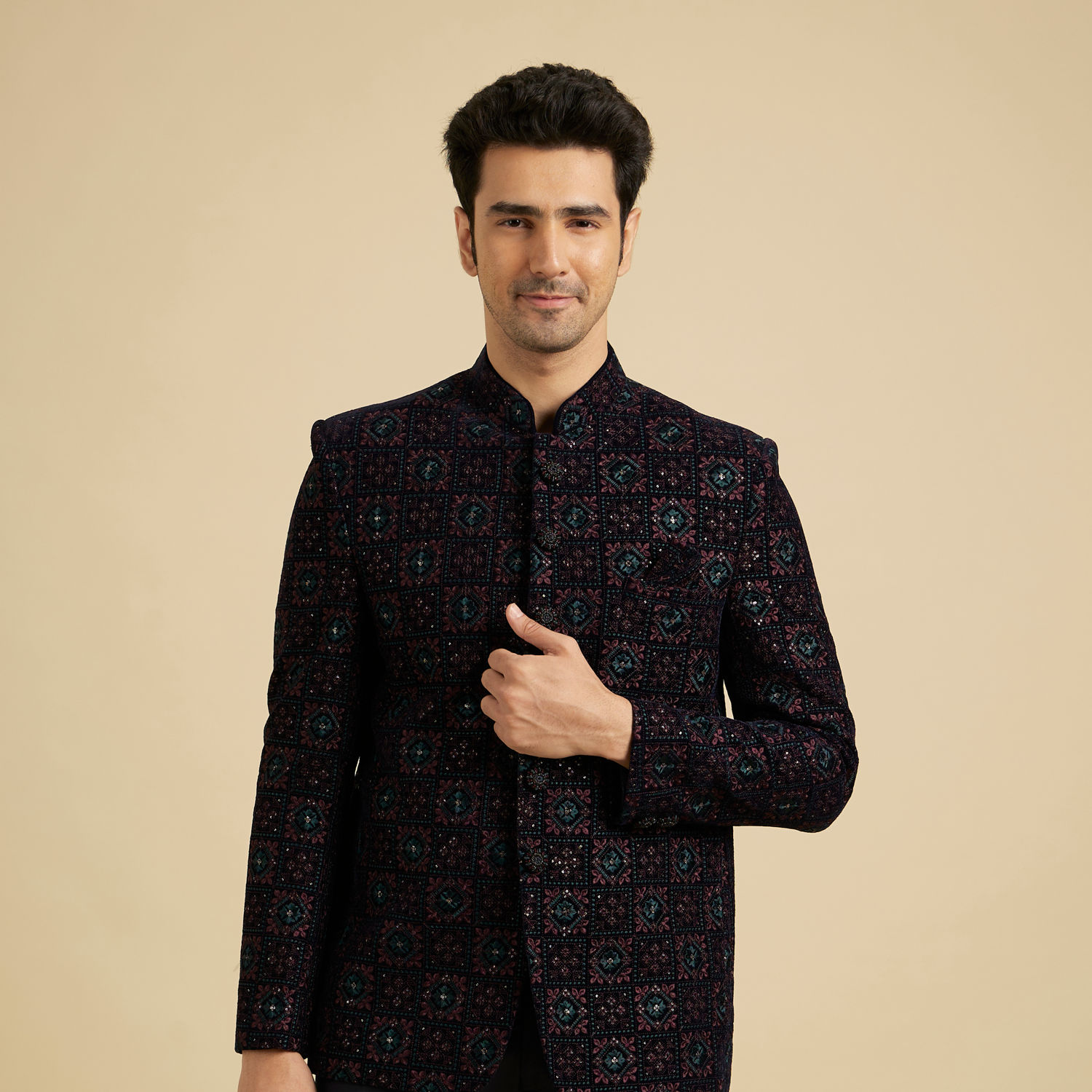 Buy Navy Blue and Wine Jodhpuri Set with Chowkadi Motifs and Patra Work ...