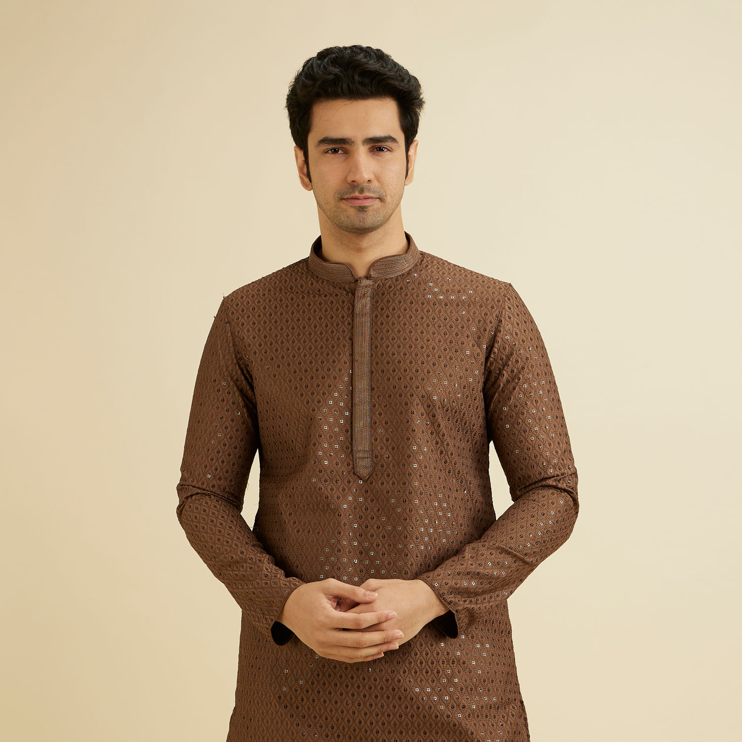 Buy Mocha Brown Sequinned Kurta Set Online in India @Manyavar - Kurta Pajama for Men