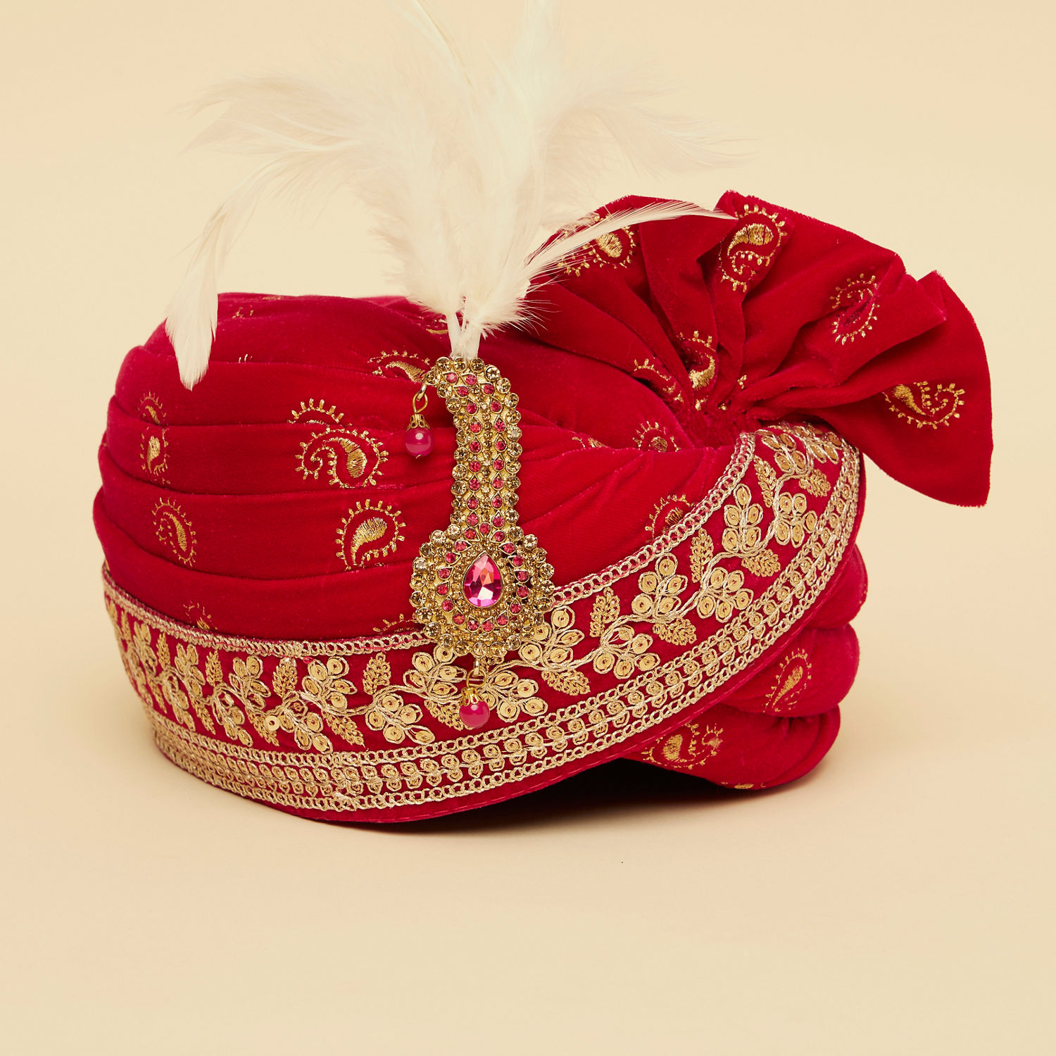 Safa for Men - Buy Red And Gold Brooch And Feather Detailed Safa Online ...